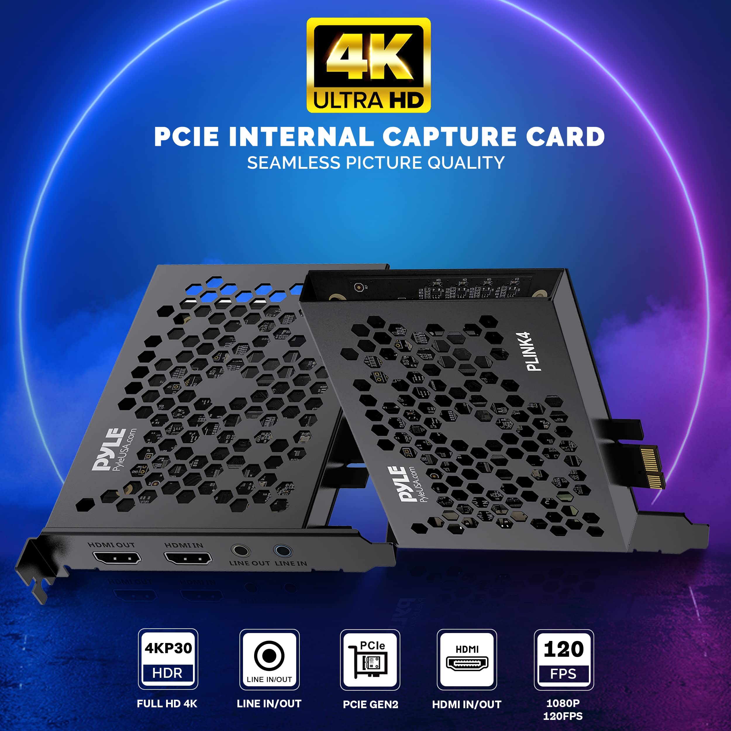 Pyle Live Gamer HDMI 4K Live Record and Stream, Multi Video Format Support, Audio-VideoLine in/Out, Super High Speed, Real Time Gameplay, Conference Live Broadcast, PCI-E Gen2 - PLINK4