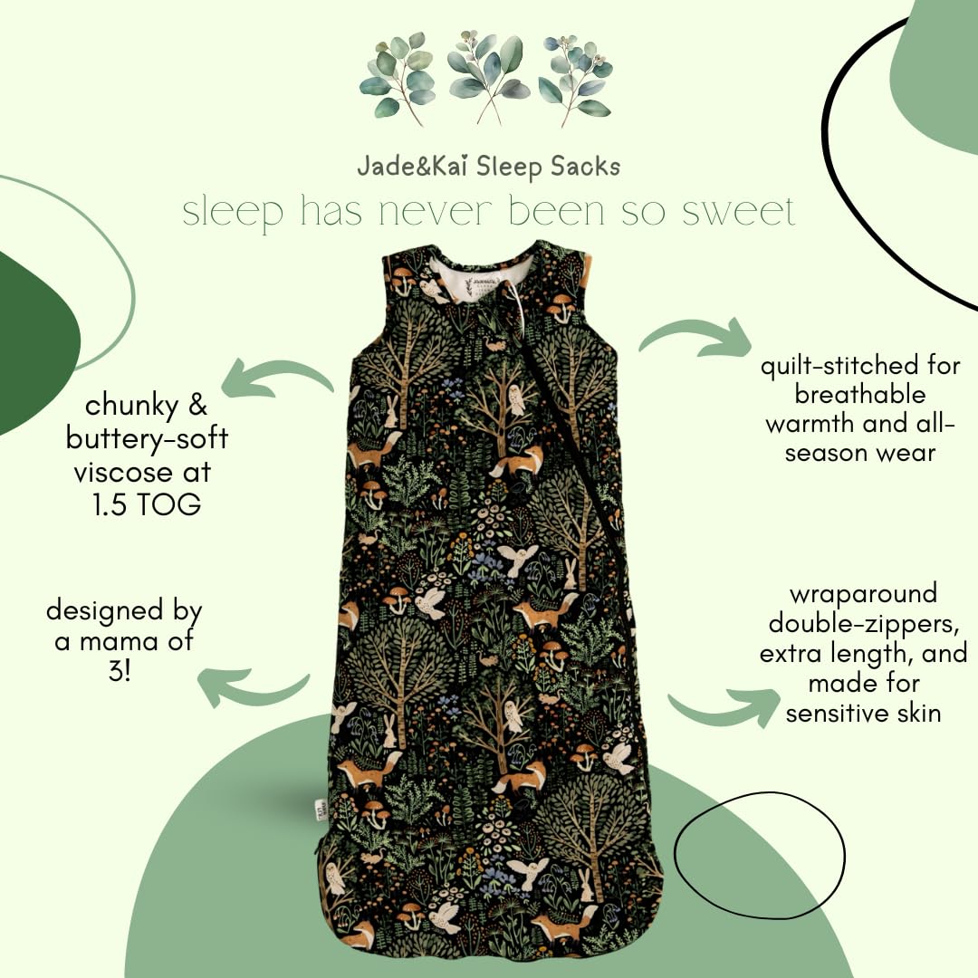Jade&Kai Sleep Sack for Babies | Soft Viscose Made from Bamboo | Wraparound Zipper | 1.5 TOG Breathable Warmth (Forest Fairytale, 6-12mo)