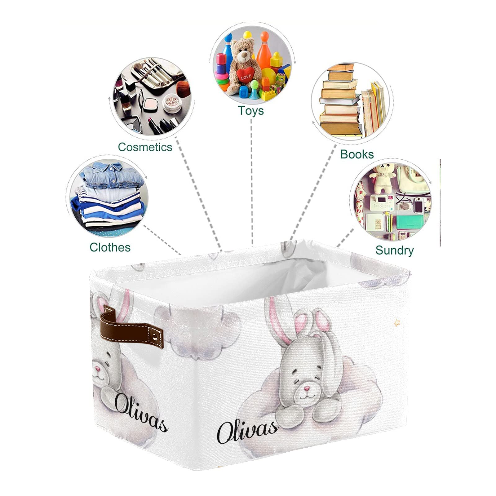 Personalized Storage Bins, Custom Storage Basket Boxes for Organizing Closet Shelf Nursery Toy Bunny on Clouds