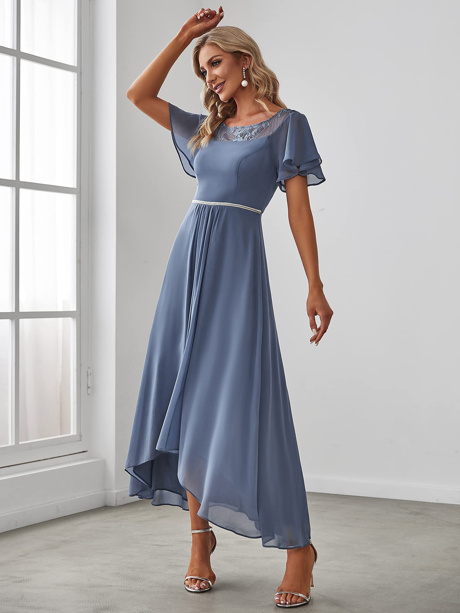 Ever-Pretty Women's Ruffles Sleeve High Low Lace Beaded Chiffon Midi Bridesmaid Gowns Wedding Guest Dress Dusty Blue US14