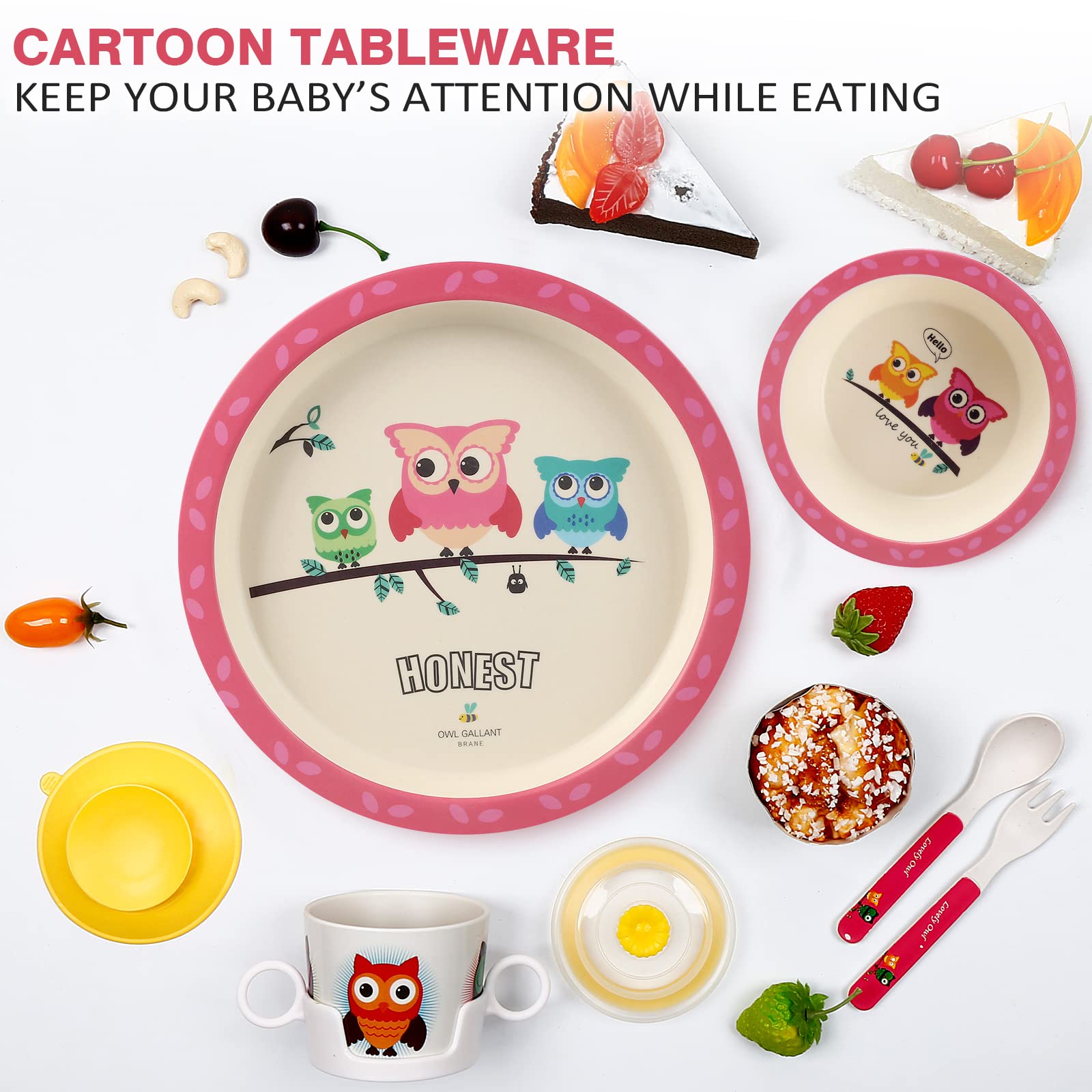 Greentainer 5 PC Kids Toddler Dinnerware Sets Bamboo Toddlers Dishes Set Kids Feeding Plates and Bowls Sets with Sunction and Utensil Flatware Durable & BPA Free