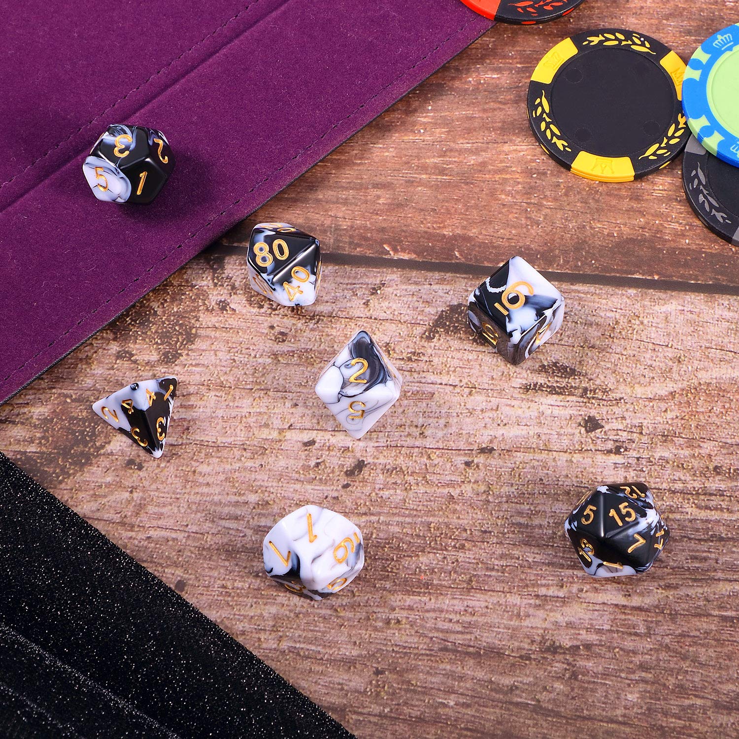 EBOOT 7-Die Polyhedral Dice Compatible with DND Dice Set Dungeons and Dragons with Black Pouch (Solid Black White)