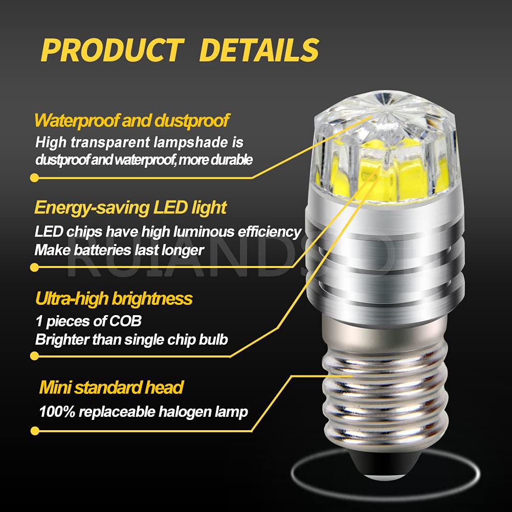 Ruiandsion 2pcs E10 Base LED Upgrade Bulb 3V COB 2W Replacement for Flashlights Torch Lights, White