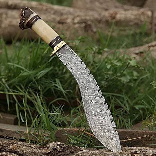 Handmade Damascus Kukri Knife with Stag Horn and Bone Handle Survival Knife Anniversary Gift Camping Knife Gift for Him Groomsmen gift EDC