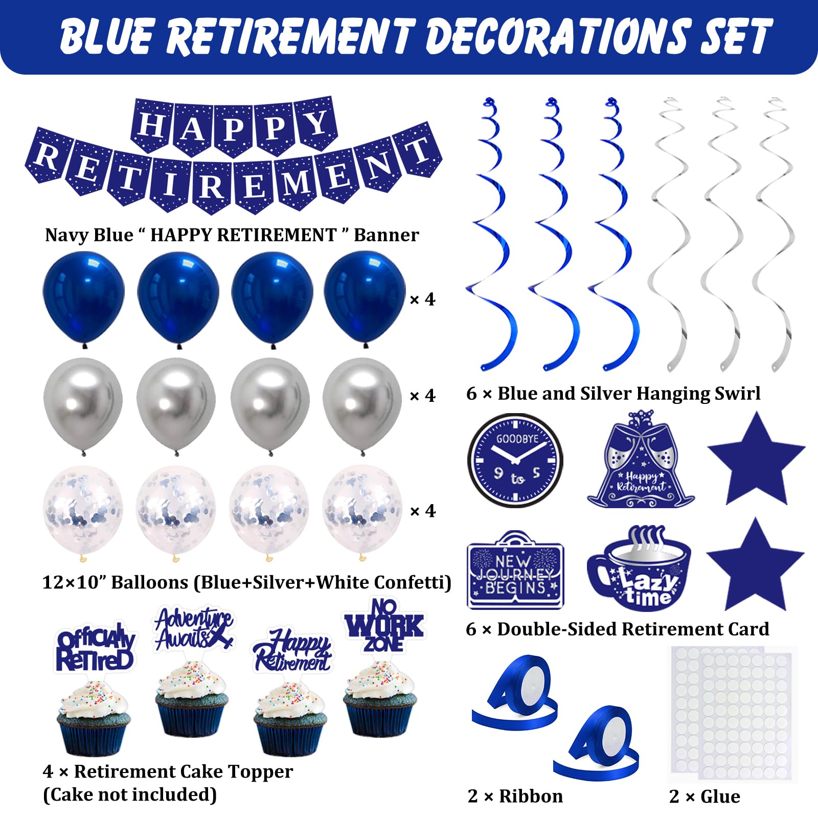 Retirement Party Decorations Blue Silver Happy Retirement Decorations for Men Women, Happy Retirement Banner, Retired Backdrop, Balloons, Pompoms, Hanging Swirl, Retirement Card, Cake Topper Set 54pcs