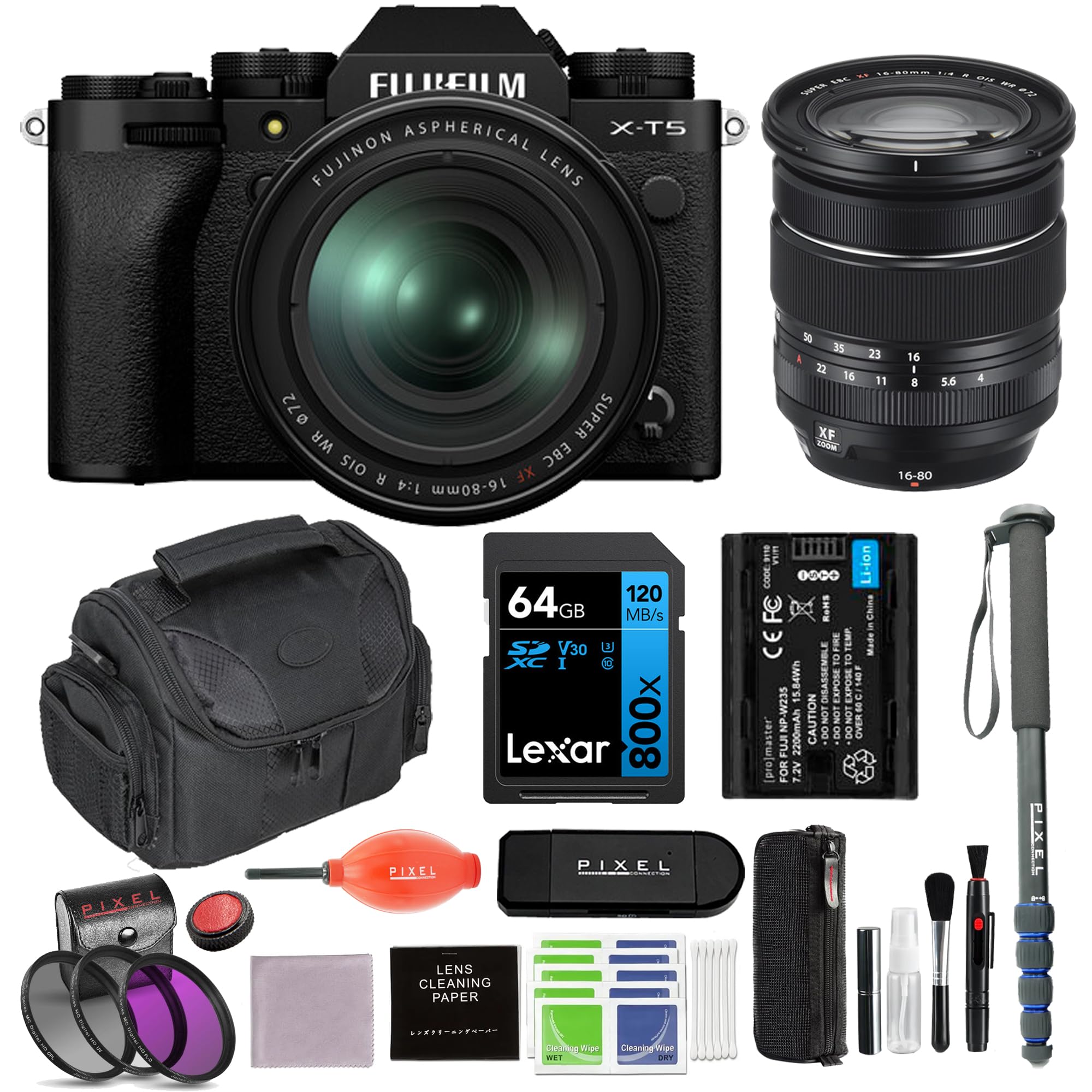 FUJIFILM X-T5 Mirrorless Camera with 16-80mm Lens (Black) Bundle with Extra Battery, Monopod, 72MM 3PC Filter Kit & More (10 Items) | USA Authorised with Fujifilm Warranty | Fuji x-t5