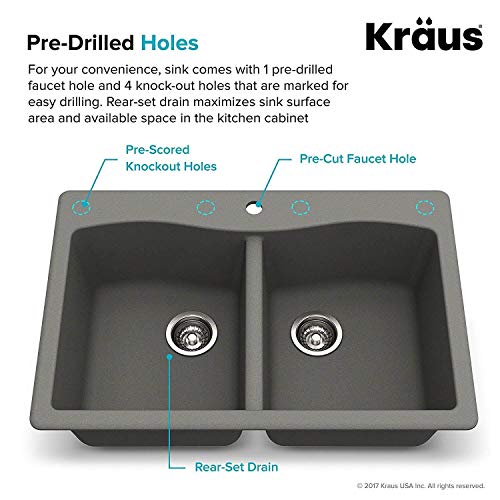 Kraus Forteza 33" Drop-In/Undermount Granite 50/50 Double Bowl Kitchen Sink - Grey (KGD-52GREY) , Gray