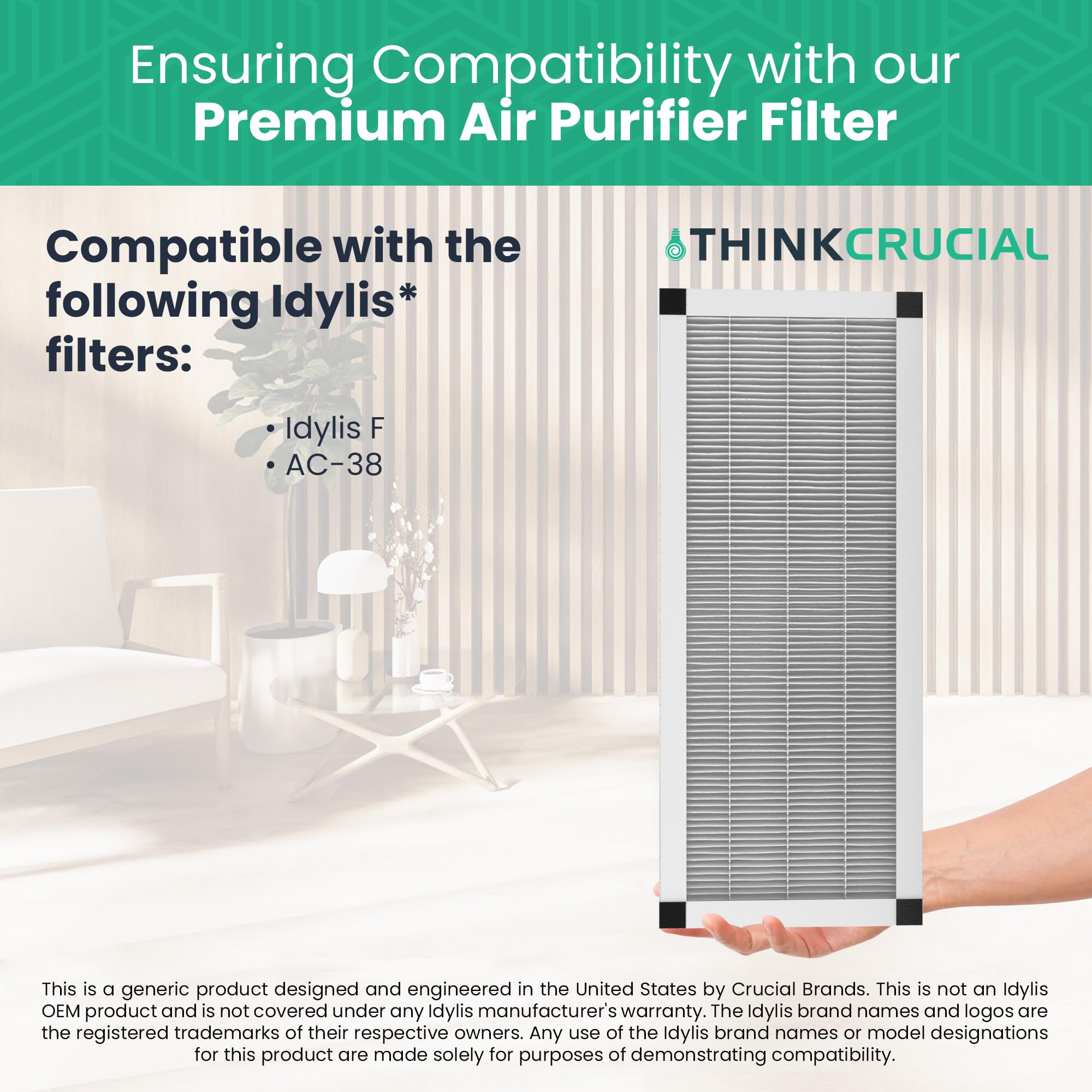 Think Crucial Replacement Air Purifier Filter with HEPA Filters - Compatible with Idylis Part # 560885 Filter - Fits Idylis F, AC-38 Models - Bulk (2 Pack)