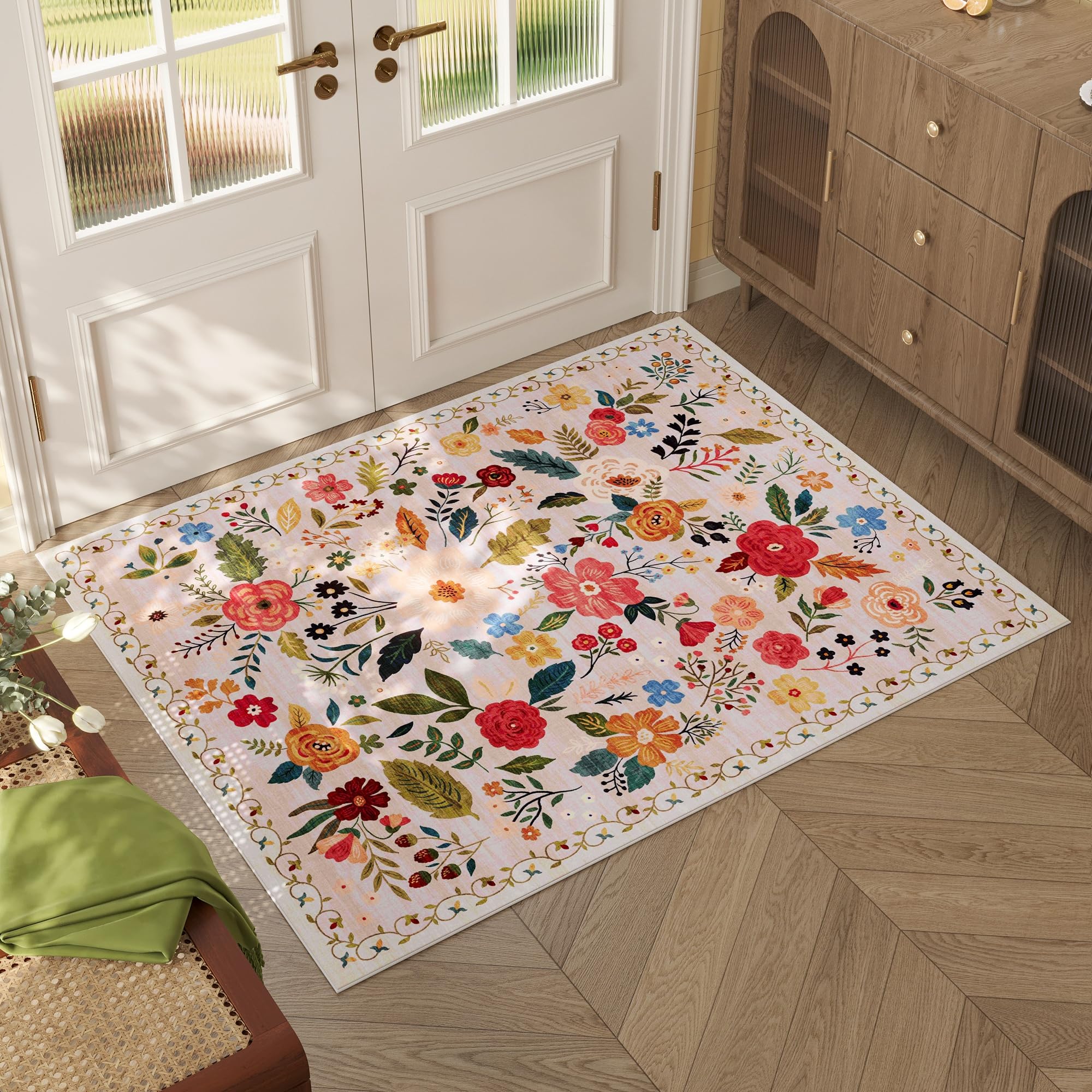 Rugcomf Door Mat Indoor Entrance 2x3 Rug Machine Washable Boho Floral Small Area Rug Non-Slip Low Pile Throw Rugs for Entryway, Kitchen, Front Door Indoor Entrance, Entry, Kids Room (Beige)