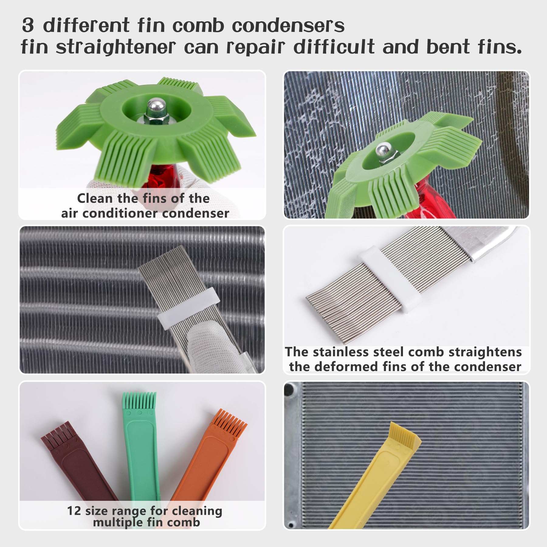Jakaphoric 6 Pcs Air Conditioner Fin Comb Cleaner Set, Ac Fin Comb Straightener Tool, Radiator Comb for a/c Unit,Ac Coil Cleaner Kit Brush for Evaporator Radiator Repair Clean Tool