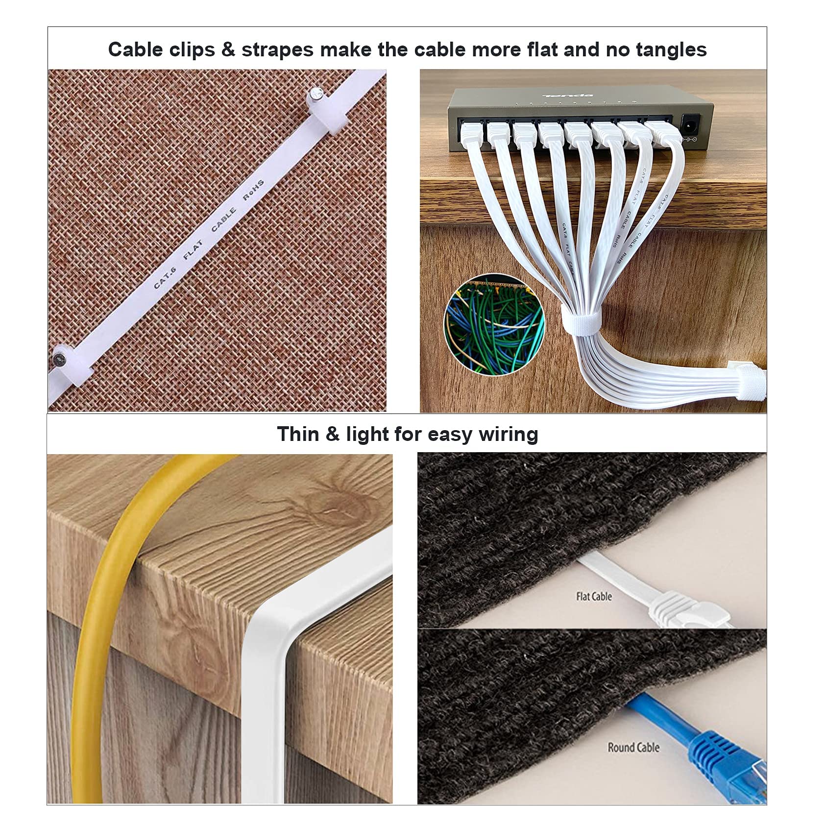 Ercielook Ethernet Cable 200 ft High Speed, Cat 6 Flat Internet Cable with rj45 connectors, Long LAN Cable with Clips & Straps - White 60 M