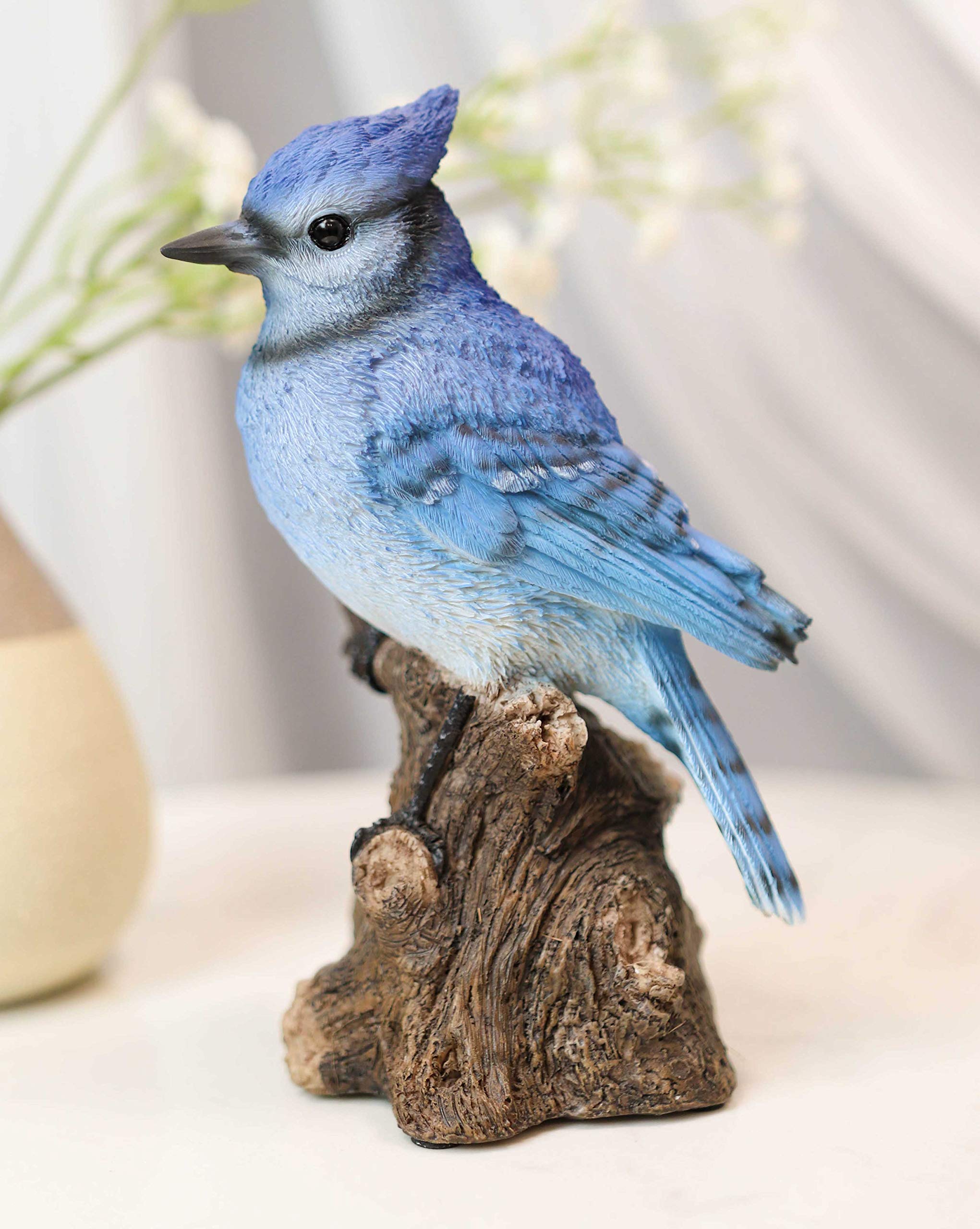Ebros Gift Realistic Hand Painted Blue Jay Passerine Bird Perching On Tree Stump Guest Greeter With Built In Motion Activated Sensor Chirping Sound Statue 6.25"Tall Taxidermy Home And Garden Sculpture