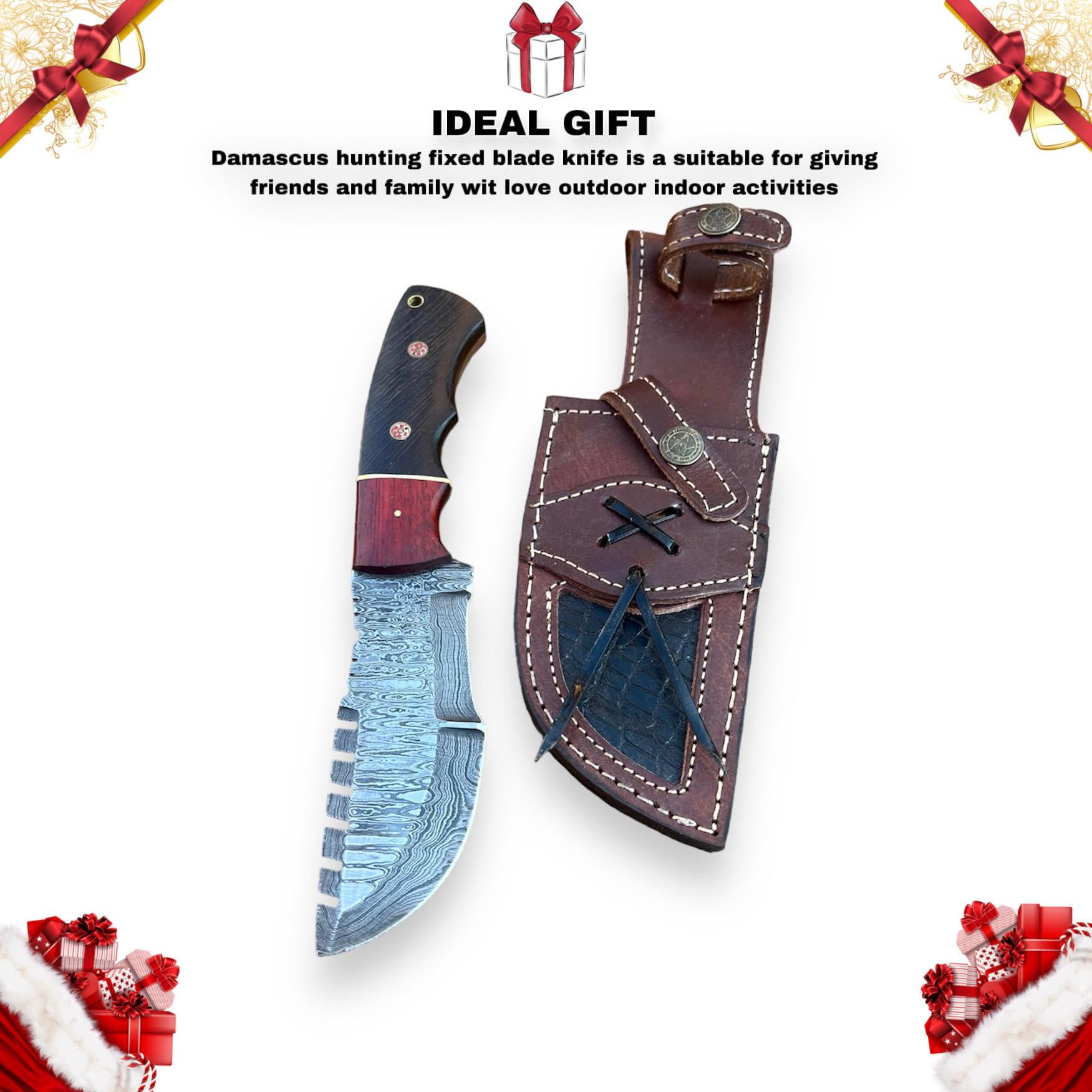 Handmade Tracker Knife Damascus Knife for Hunting Camping - 10 Inch Damascus Steel Hunting Tracker Knife with Horizontal Carry Sheath - Fixed Blade Survival tactical full tang Bushcraft Knife (Wenge & Padauk)