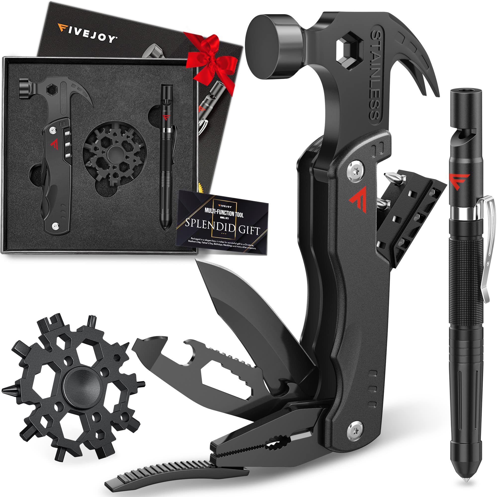 Gifts for Men Dad Husband Boyfriend, FiveJoy Camping Multitool Including Hammer Multitool, Mini Survival Pen, Snowflake Multitool, Outdoor Survival Hiking Gear for Valentine's Day Gift Ideas