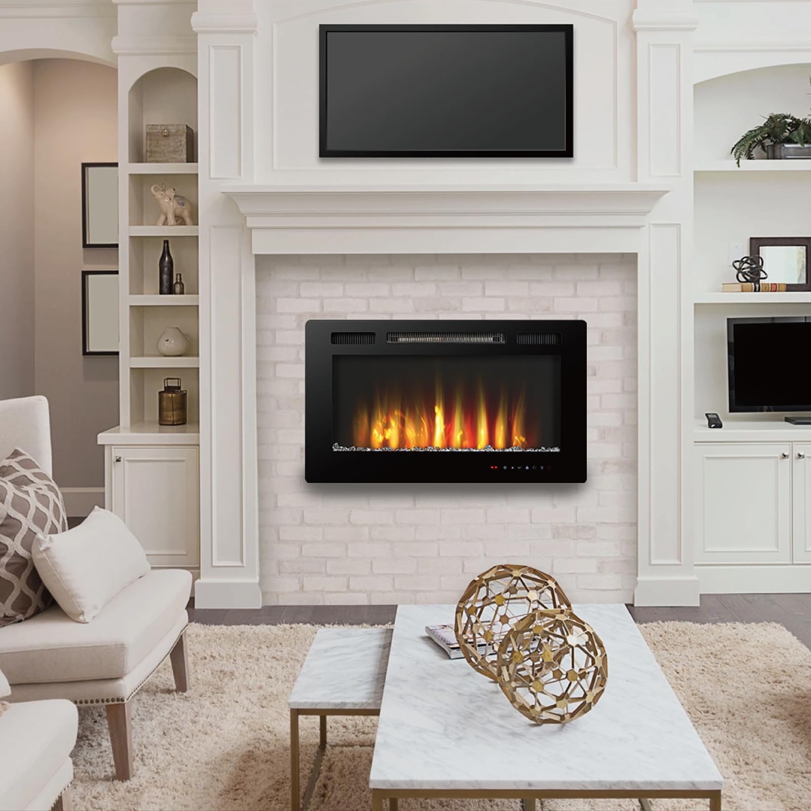 FULEIWO 30 inch Recessed and Wall Mounted Electric Fireplace, Low Noise,Fit for 2 x 4 and 2 x 6 Stud, Remote Control with Timer,Touch Screen,Adjustable Flame Color and Speed, 750-1500W