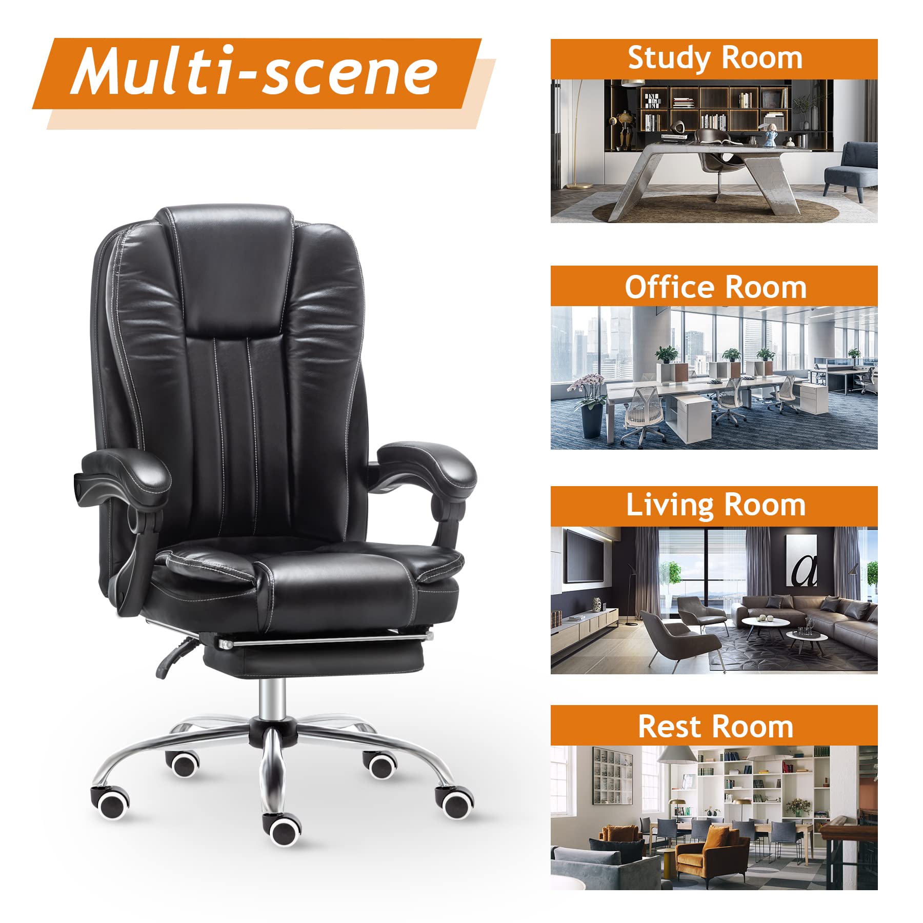 Erinnyees Executive Office Chair, PU Ergonomic Chair with Footrest and Linkage Armrests, 90°-155° Reclining Office Chair, 360° Swivel Computer Desk Chair with Back Support, Black