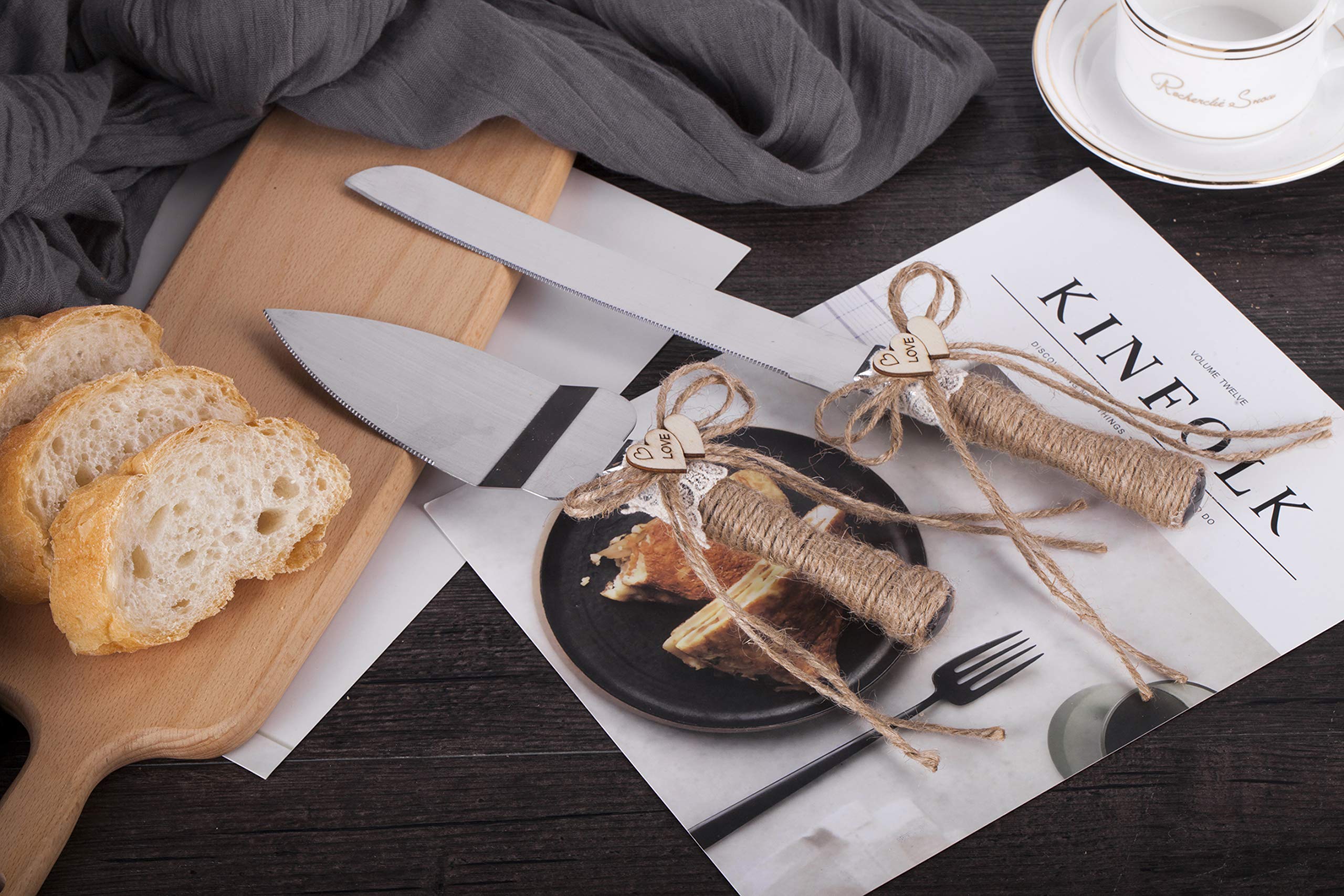Rustic Wedding Cake Knife and Server Set-ULA Natural Burlap Twine Handle Wood Heart Cutlery for Wedding Gift,Cake Cutting Set for Wedding Rustic Wedding Decor (Burlap)