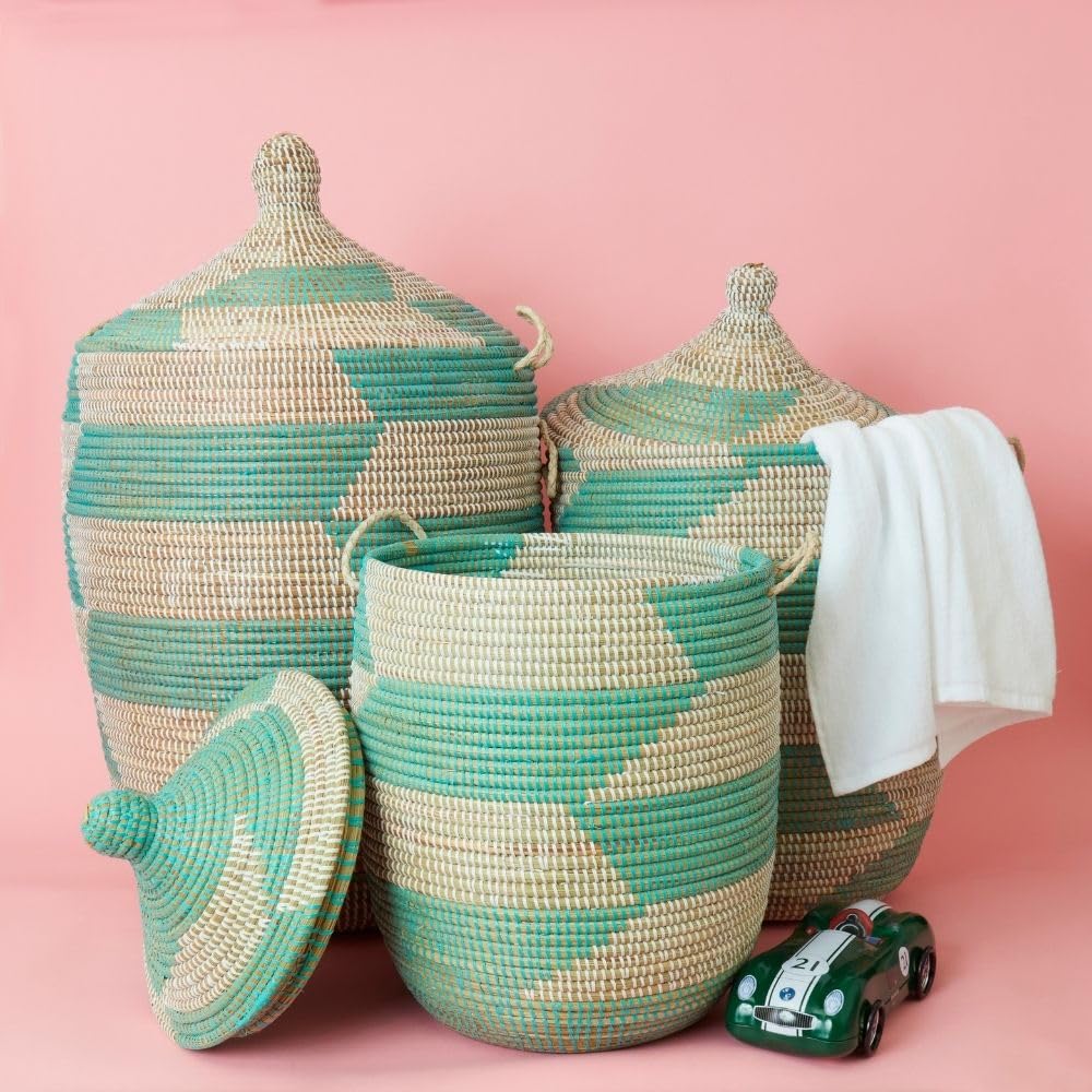 Senegalo Small/Medium Storage Basket Turquoise Blue Hooded Lid