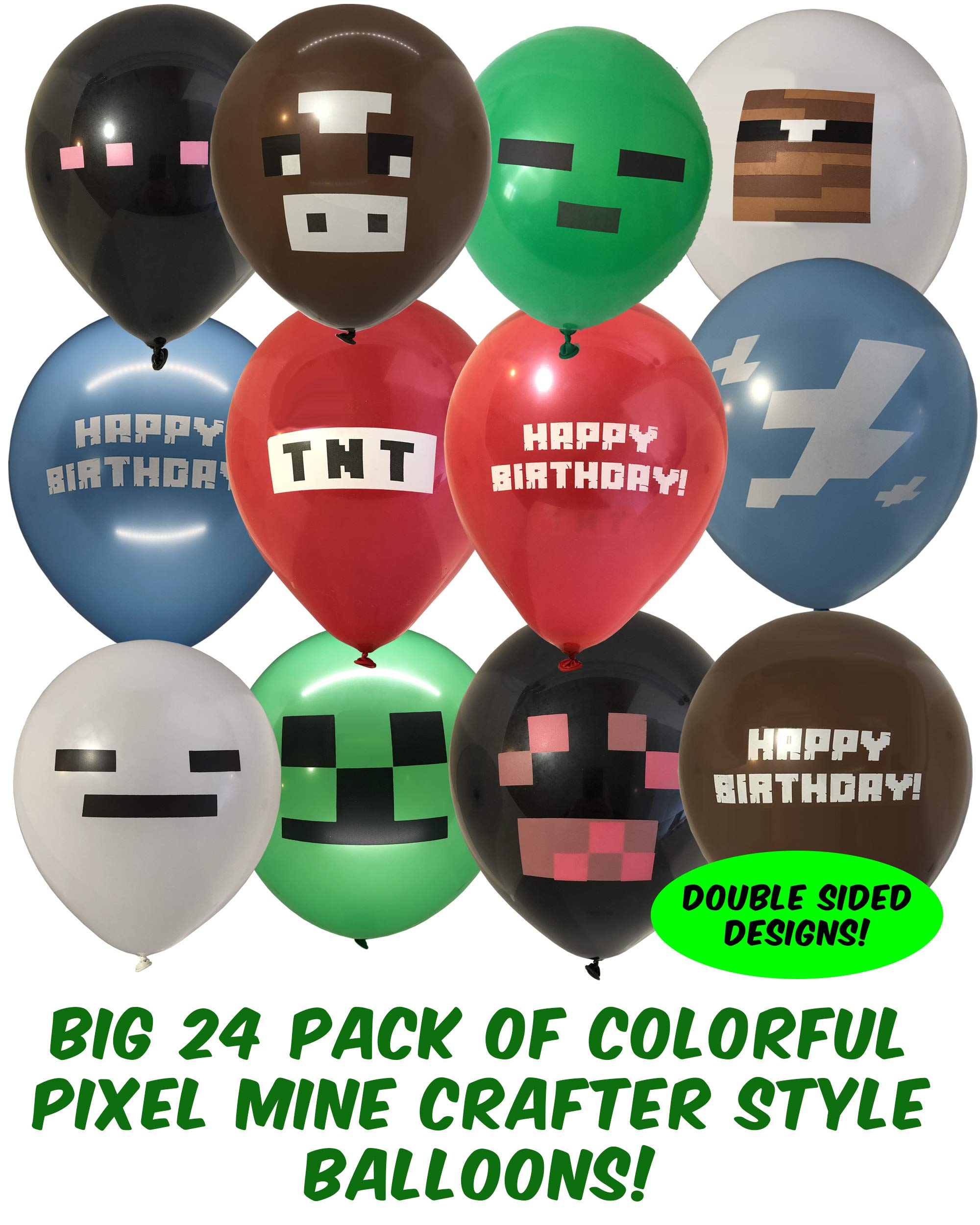 Party Ninja 24 Pack of Extra Large Pixel Miner Crafting Birthday Balloons - Double Sided Prints - 12" Party Balloons For Birthday Party Decorations