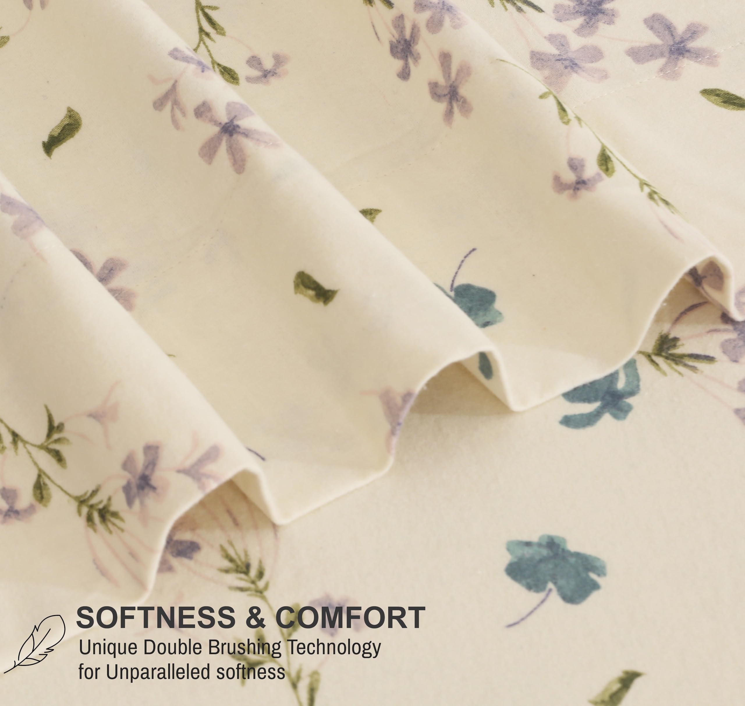 RUVANTI Flannel Sheets Twin Size - 100% Cotton Double Brushed Twin Sheets Set, Deep Pockets 16 Inches, All Seasons Breathable & Extra Soft Bed Sheets, Warm & Cozy, 3 Piece, Jasmine Stamp Cream
