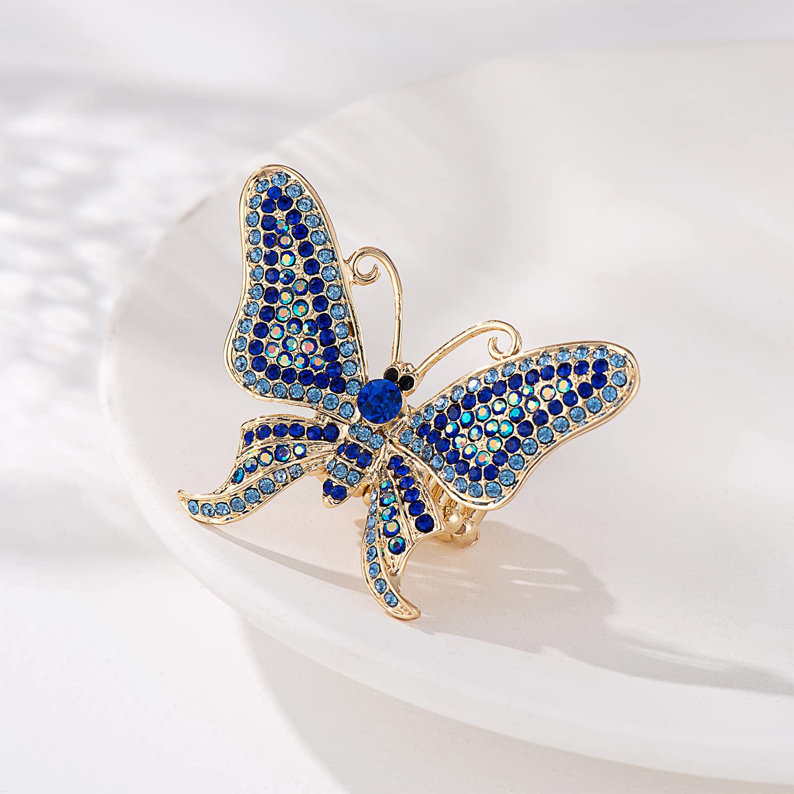 Gold Plated Navy Blue Gradient Color Rhinestone Stretch Elastic Rings for Women Beautiful Gift Formal Party