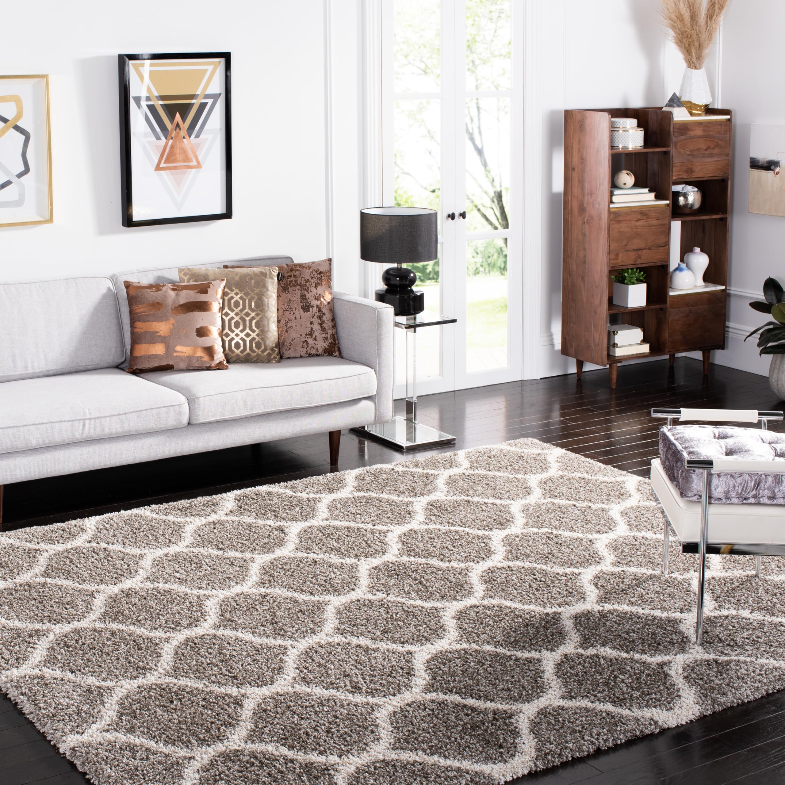 SAFAVIEH Hudson Shag Collection Area Rug - 8' x 10', Grey & Ivory, Moroccan Ogee Trellis Design, Non-Shedding & Easy Care, 2-inch Thick Ideal for High Traffic Areas in Living Room, Bedroom (SGH280B)