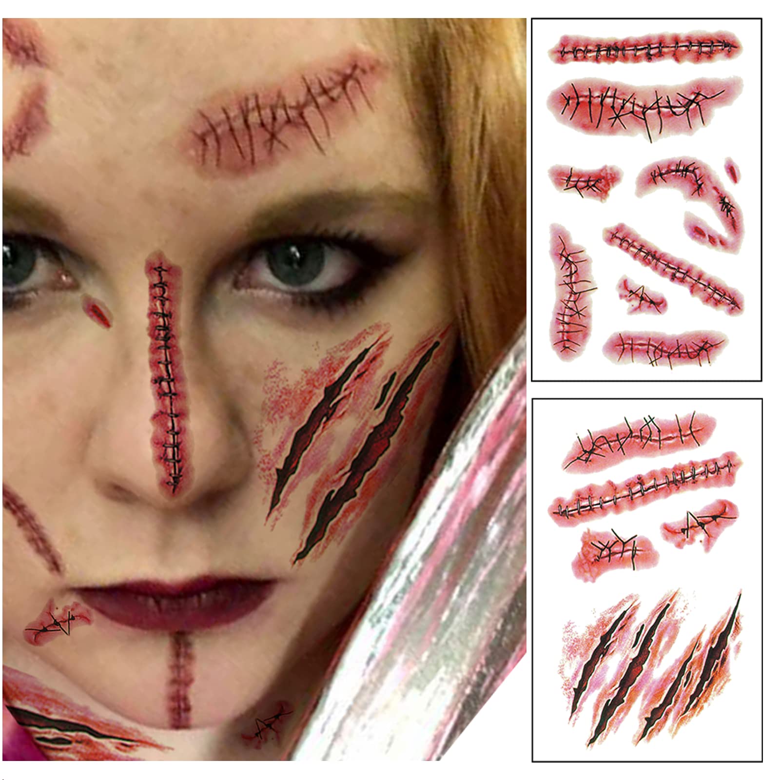 Halloween Scar Temporary Tattoos 3D Body Face Realistic Fake Stitches Tattoo Sticker Waterproof for Chucky Costume Zombie Vampire Makeup Prank Props Cosplay Kids Adults
