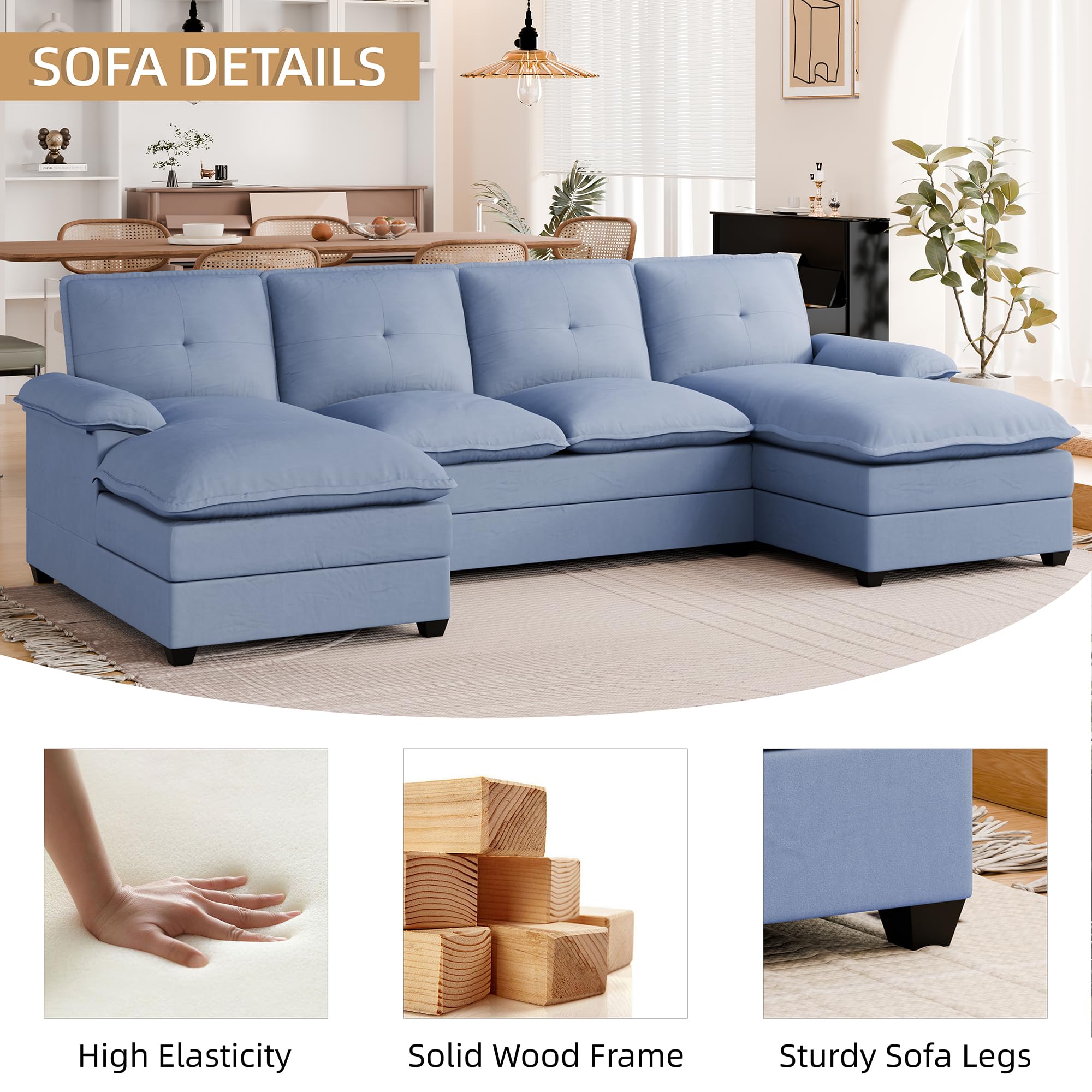 JAMFLY Sectional Couches for Living Room, U-Shaped Couch 4 Seat Sofa Set with Double Chaises, Modern Fabric Modular Sectional Sofa Set for Apartment, Blue