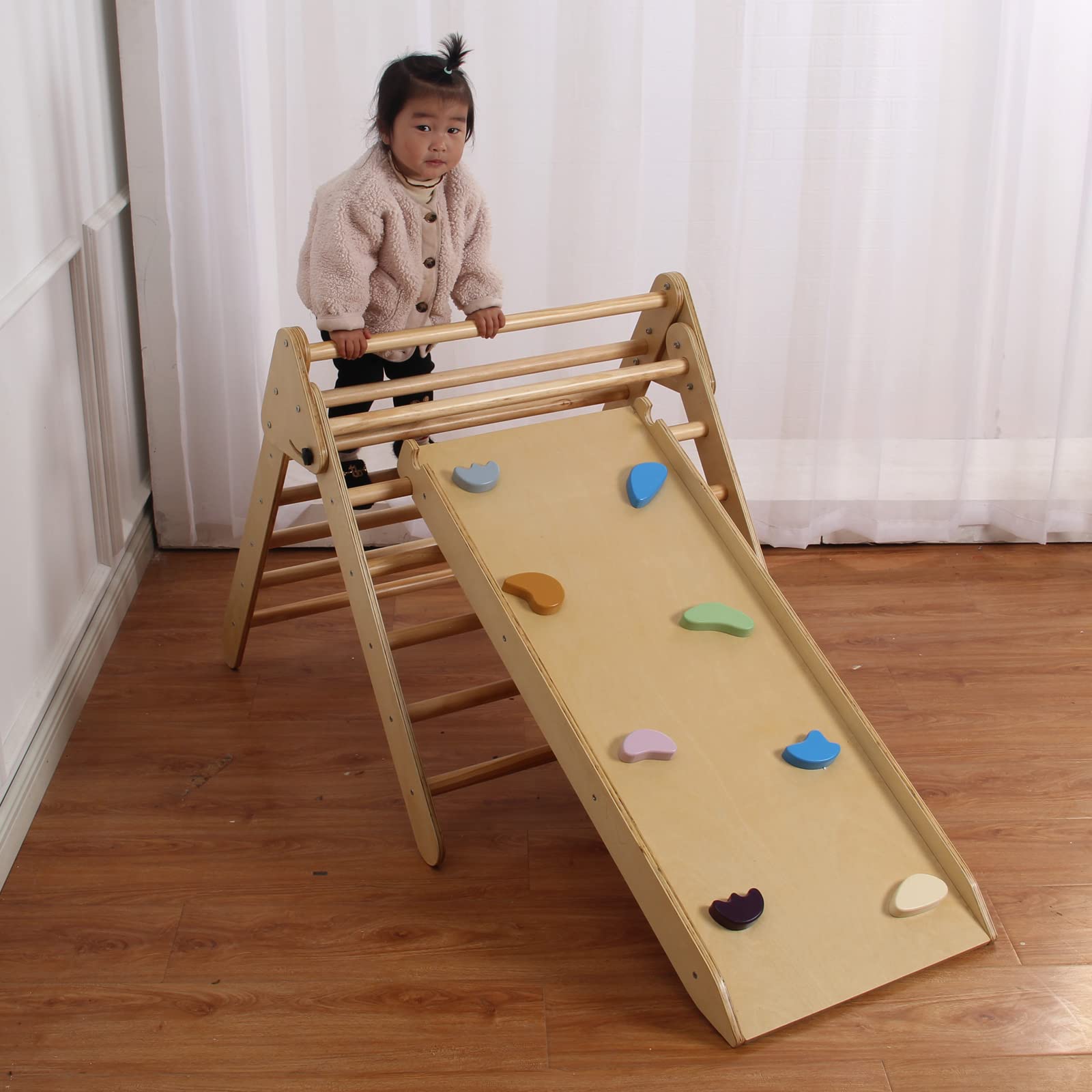 lekaihuai Pikler Triangle Climber with Ramp, Foldable Wooden Montessori Climbing Triangle Se(twood)