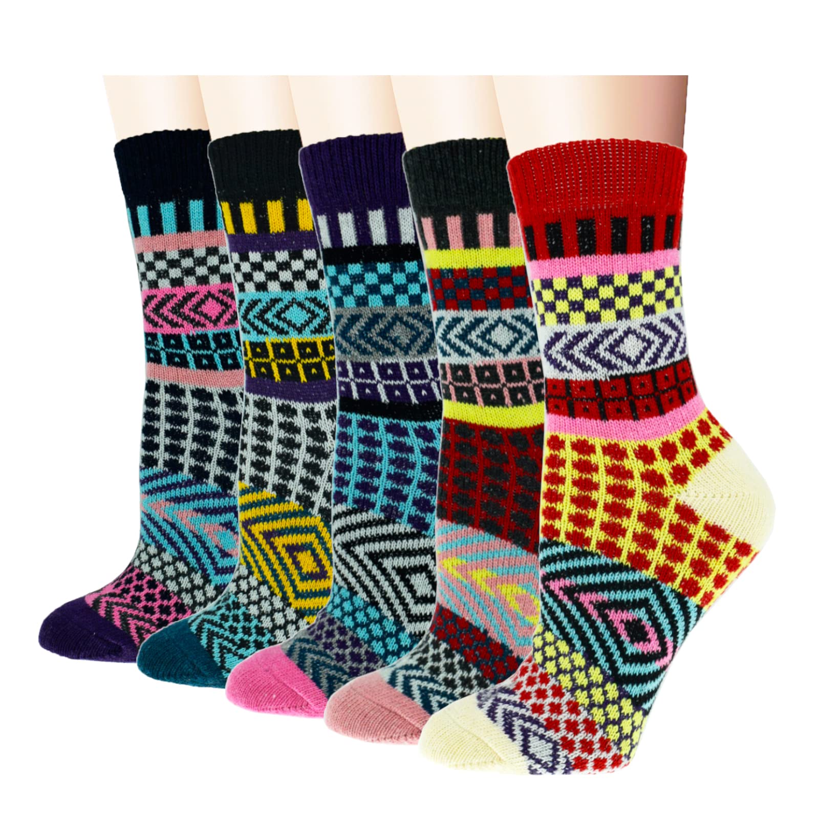 Fly love 5 Pairs Womens Vintage Wool Socks Winter Warm Hiking Thick Thermal Boot Crew Comfy Sock 5-8 (Style B)