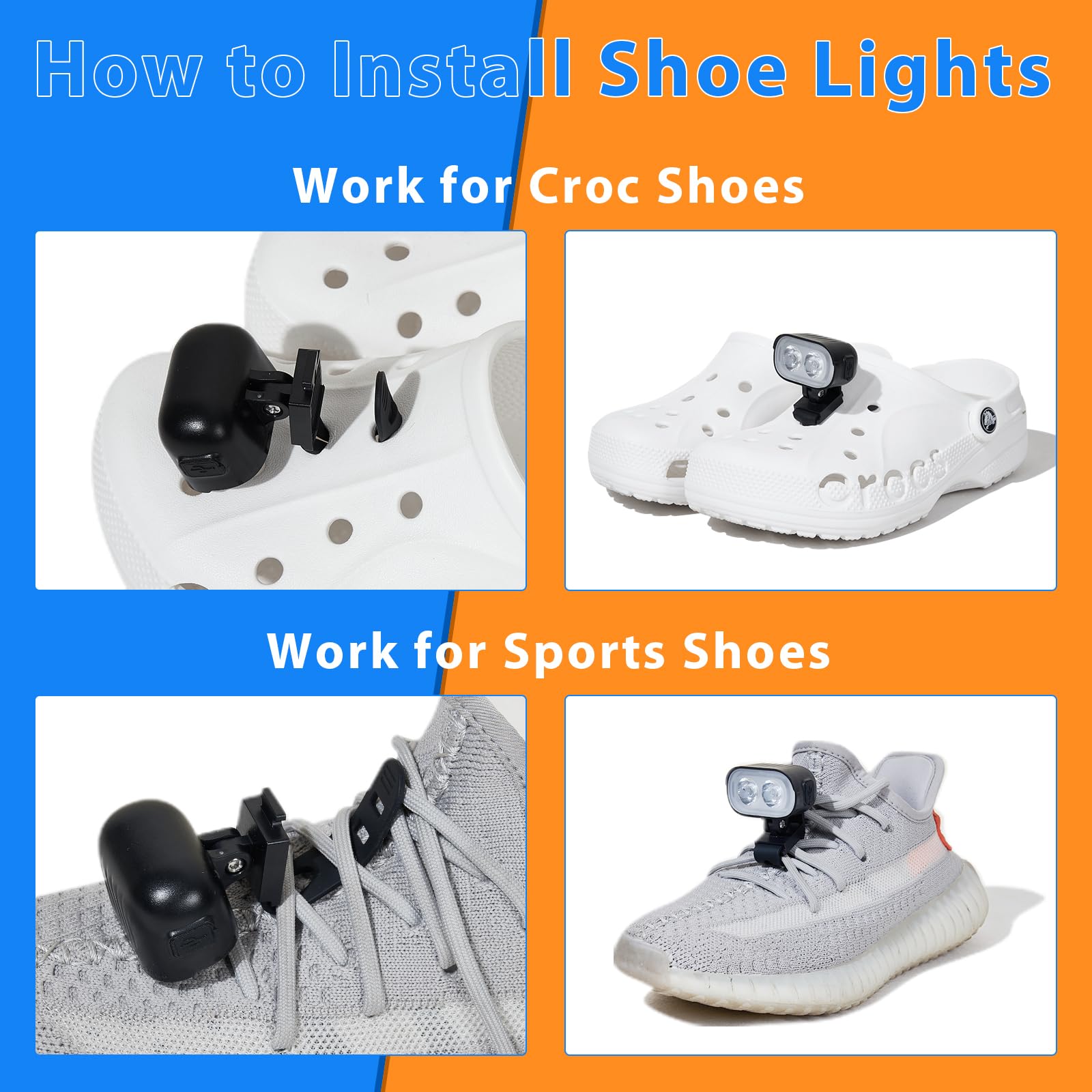 Headlights for Crocs 2 Pcs, ABS Lights for Croc Rechargeable - Super Bright, Head Adjustable, IPX6 Waterproof, Flashlight Attachment for Croc, Light Up Charm Accessories for Kids Adults Croc Shoes