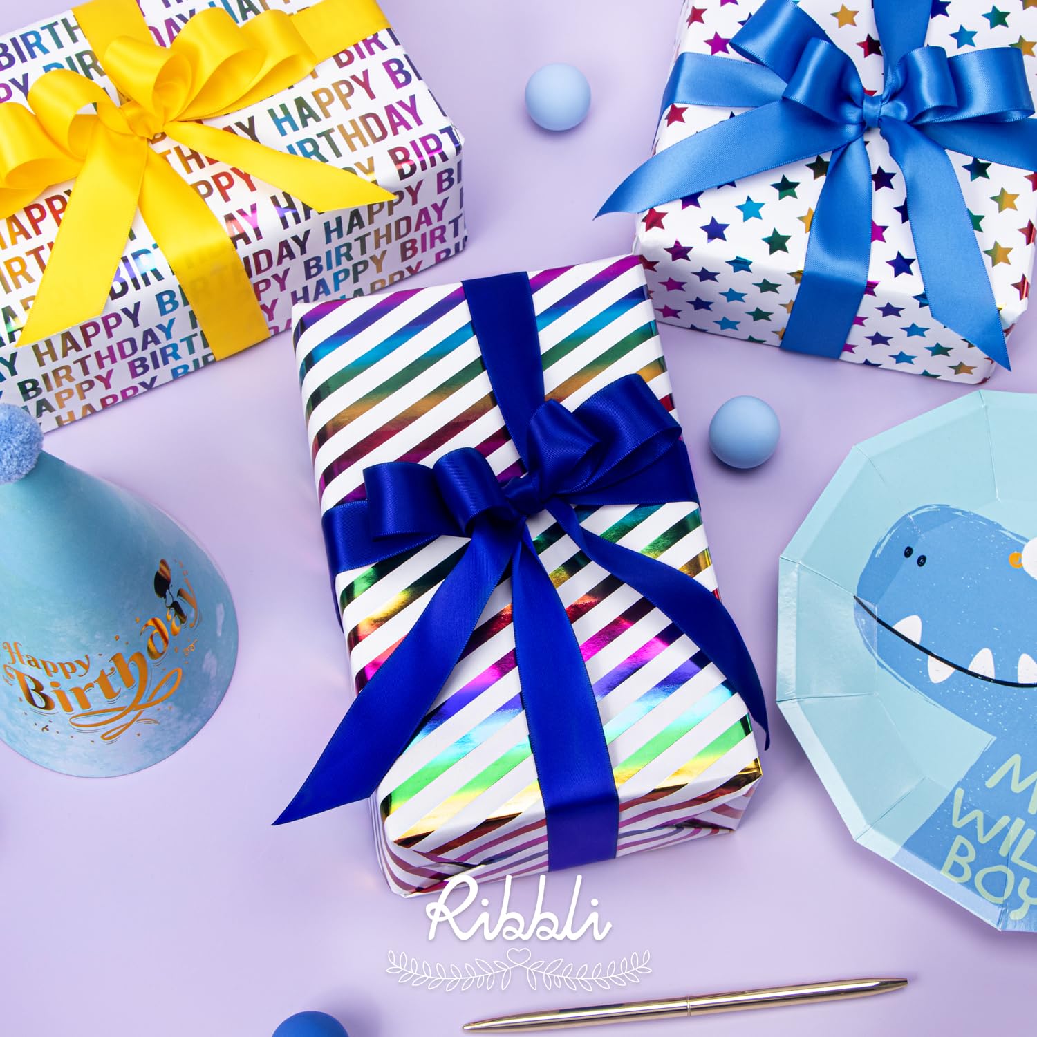 Ribbli Birthday Wrapping Paper Iridescent Gift Wrap Mini Roll, 3 Rolls Happy Birthday Stars Stripes Printed for Boys Kids - 17 inch x 120 inch(10feet) Per Roll
