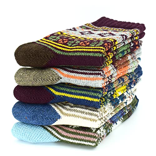 Fly love 5 Pairs Womens Vintage Wool Socks Winter Warm Hiking Thick Thermal Boot Crew Comfy Sock 5-8 (Style C)