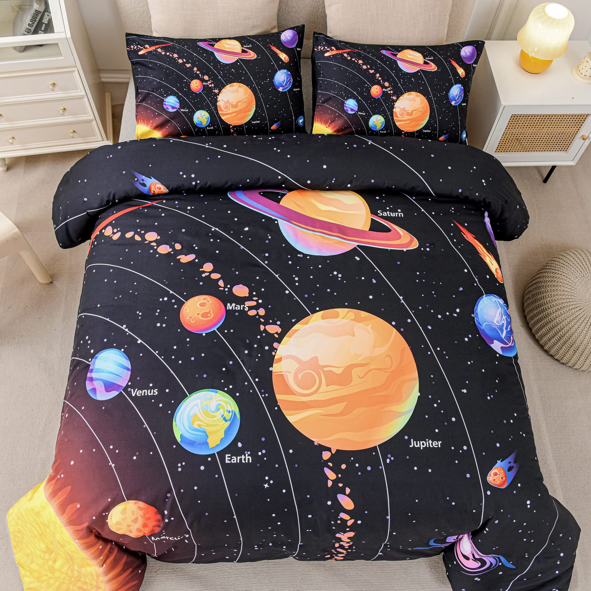 Ylehoc Twin Bedding Sets for Boys Girls Solar System Comforter Set Outer Space Bedding Set 3 Pieces 1 Space Comforter Twin and 2 Pillow Cases Kids Ultra-Soft Microfiber All Seasons for Bedroom Sofa