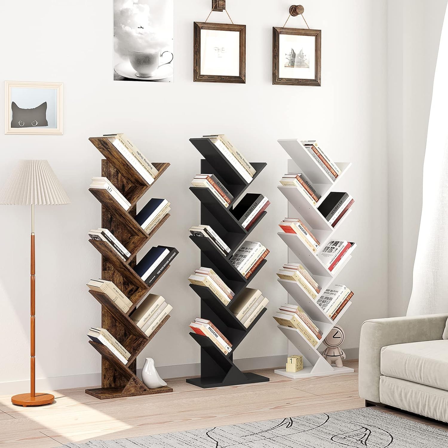 Function Home 9 Tier Tree Bookshelf, Modern Tall Geometric Bookcase, Freestanding Book Shelf, Wood Floor Storage Shelf for Living Room, Bedroom, Home Office,Rustic Brown