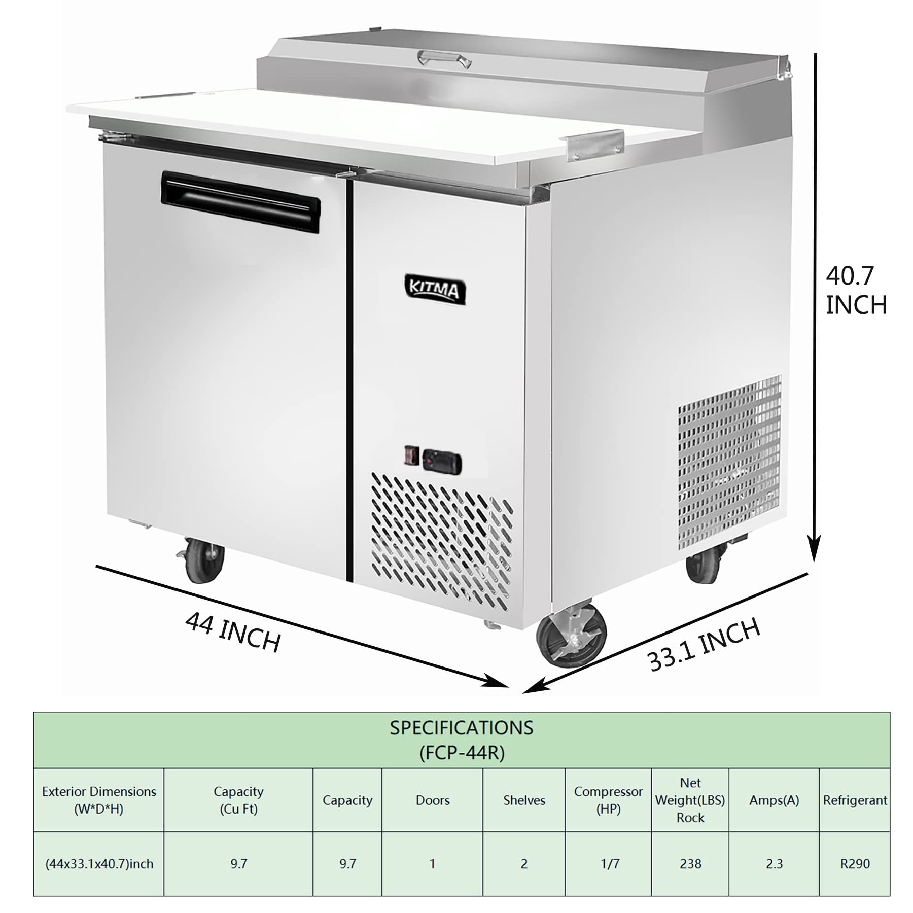 KITMA 44 Inch Pizza Prep Table Refrigerator Single Door Rrep talbe with Standard Top, 9.7 Cu.ft, 6 Food Pans, USA