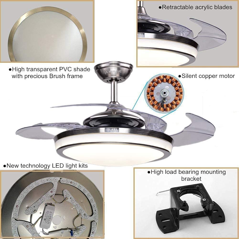 Fandian 44" Modern Ceiling Fan with Lights Remote Control Chandelier Fixture, 3 Lighting Changes Retractable Fandelier for Living Room Bedroom, Brush Chrome with Silent Motor