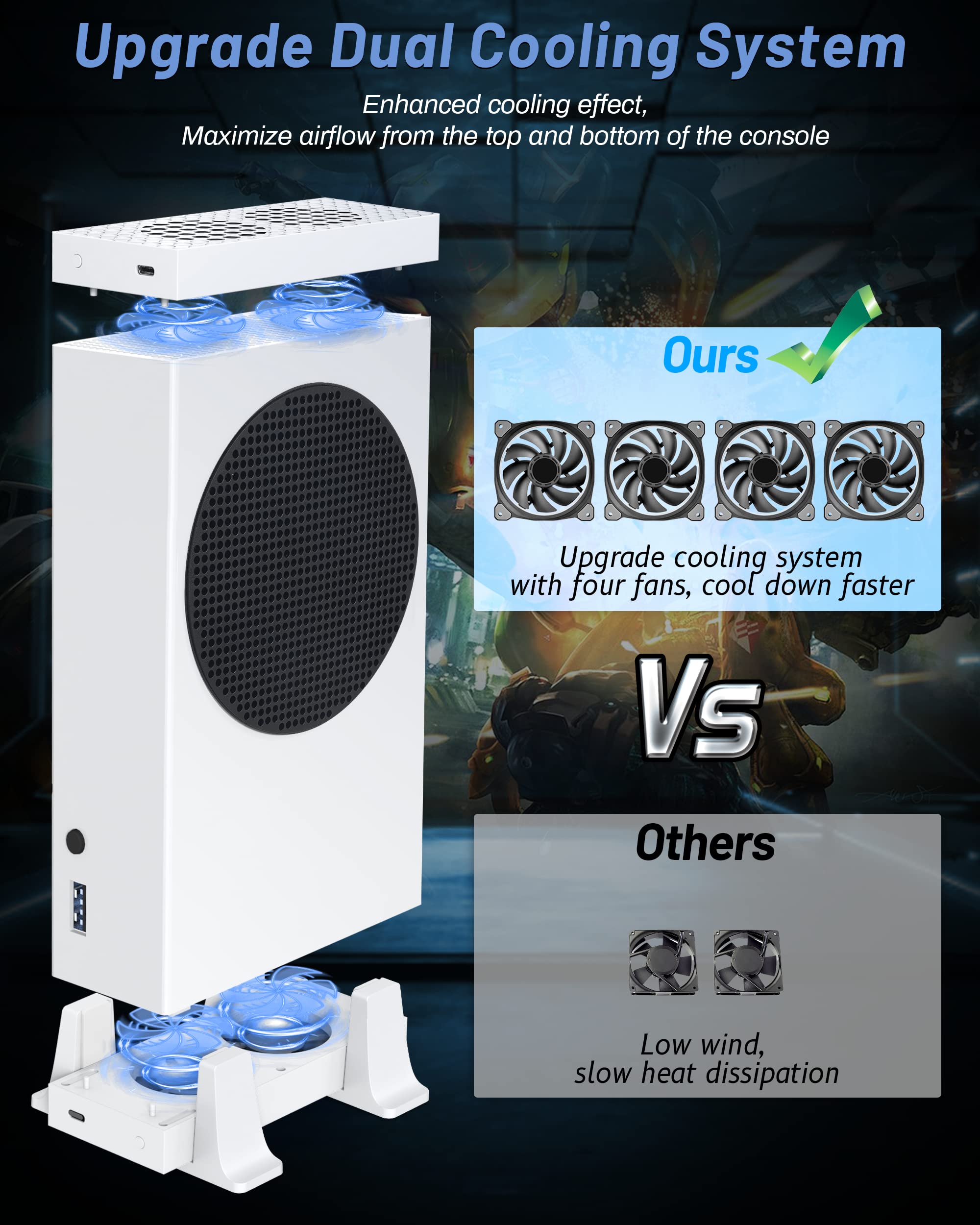 HANTNOOL Upgraded 2 Pack Cooling Fan for Xbox Series S, Top & Bottom Enhanced Fan Cooling System with 3 Level Adjustable Speed and 4 Extra USB Ports and Stand Accessories for Xbox Series S