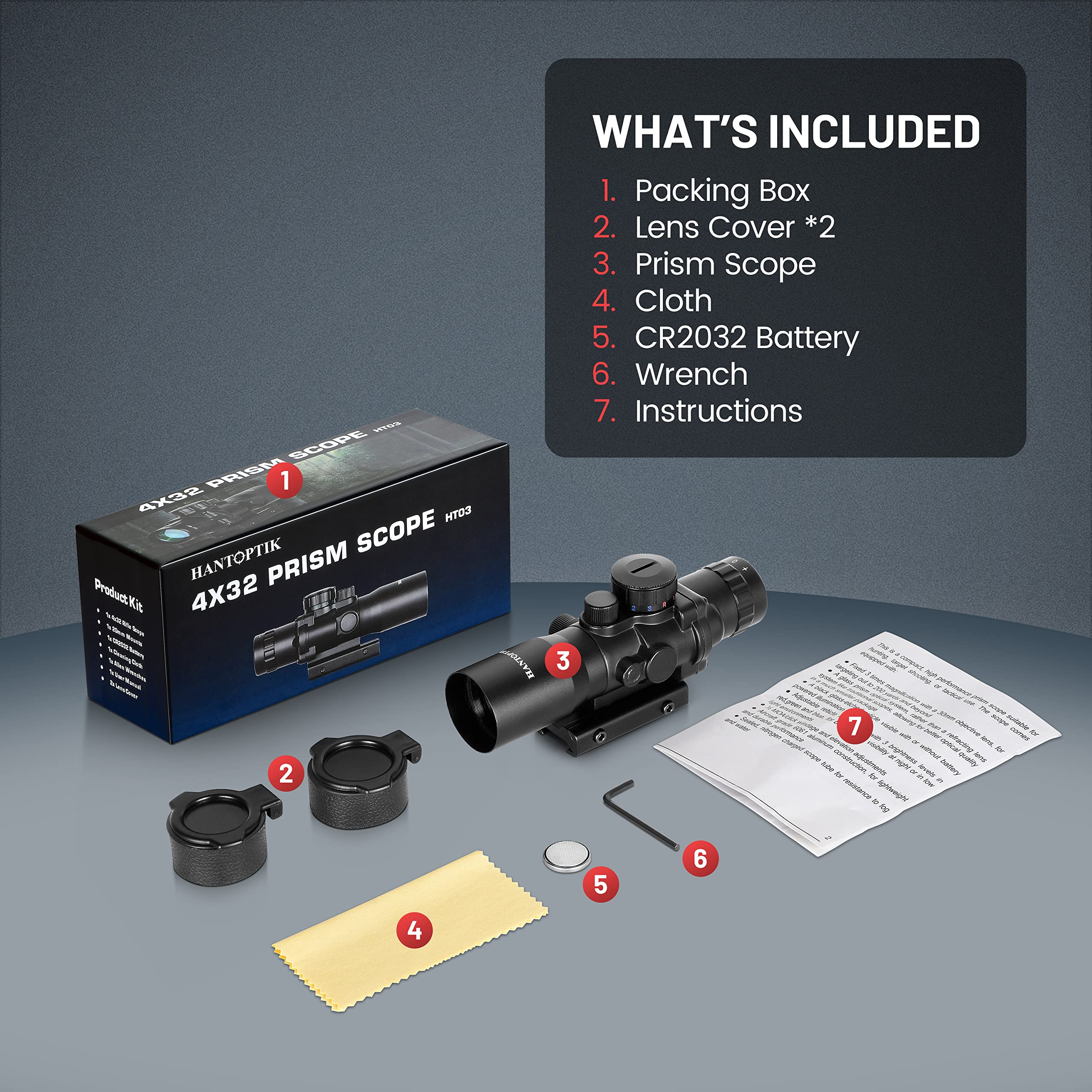 Hantoptik 4X32 Prism Scope Red & Green &Blue Illuminated Etched Reticle 4X Magnification Prism Sight Scope 20mm with Picatinny Rail Mount