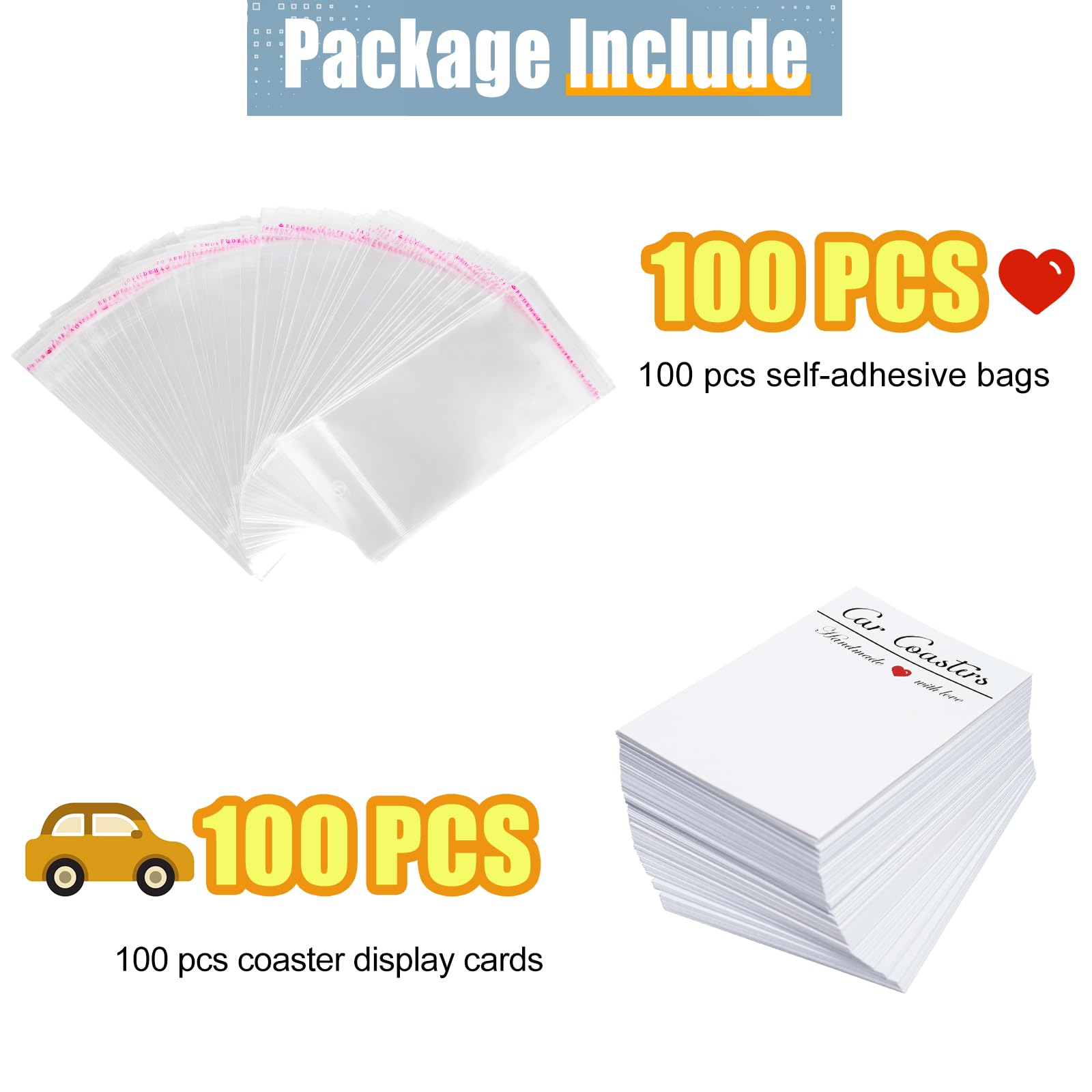 GFPGYQ 50Pcs Car Coaster Packaging for Selling,Sublimation Car Coasters with 50Pcs Bags,Car Coaster Packaging ,Coasters Display Cards 6.8x2.85In,Compatible with Coasters Up to 2.75" in Diameter