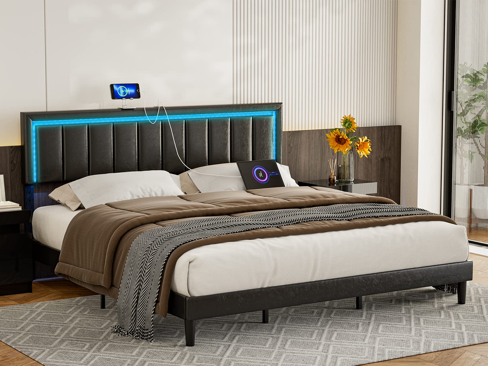 IKIFLY King Size LED Headboard with 2 USB Ports, Adjustable Height - Modern Faux Leather Headboard with Changing LED Lights - Easy Assembly, Upholstered King Headboard Only for Bedroom - Black