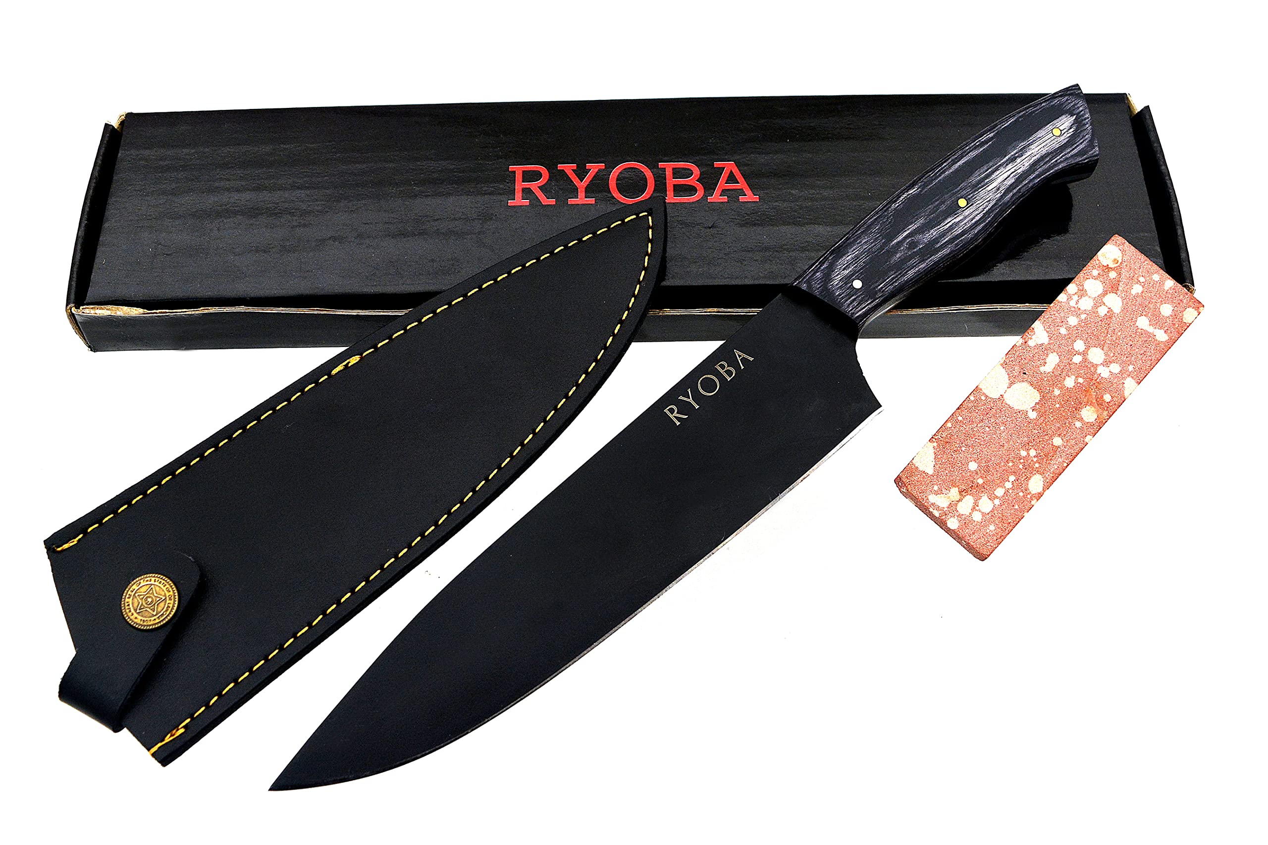 RYOBA Chef Knife 8 inch Kitchen Knife Ultra Sharp High Carbon Stainless steel Japanese chef knife with Finger Guard-Titanium Plated Black Chef Knife WITH Sheath and Sharpener in Gift Box