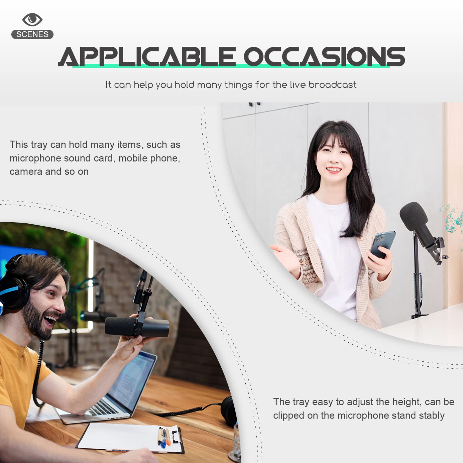 HEALLILY 1pc Mic Rack Stand Tray Adjustable Clamp-On Rack Tray Holder Universal Mic Microphone Stand Tray for Live Streaming Karaoke Concert