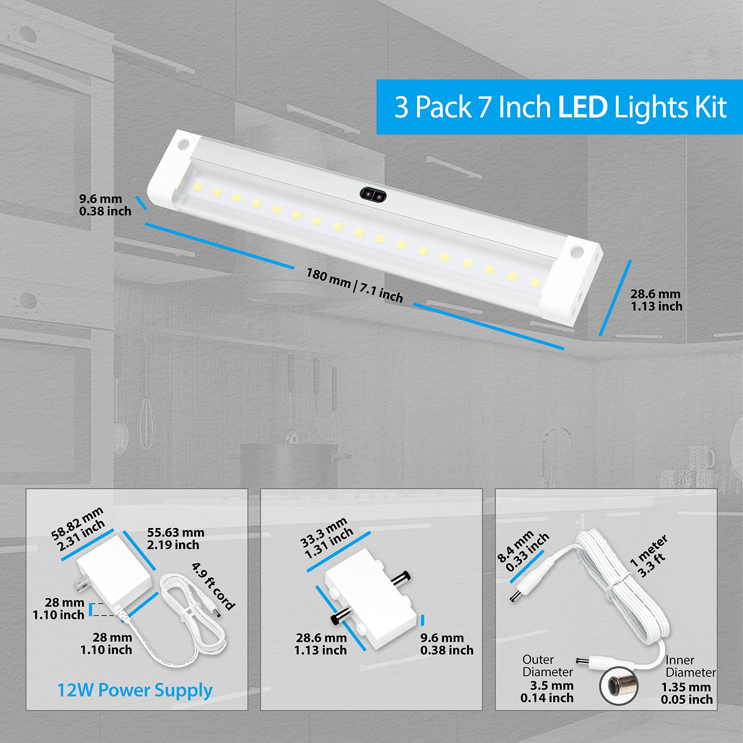 EShine Hand Wave Activated Under Cabinet LED Lighting Kit, Dimmable, 3-Pack 7 in - Touchless Dimming Control, White Under Counter Lights for Kitchen, Garage, Office, Hutch - Warm White (3000K)