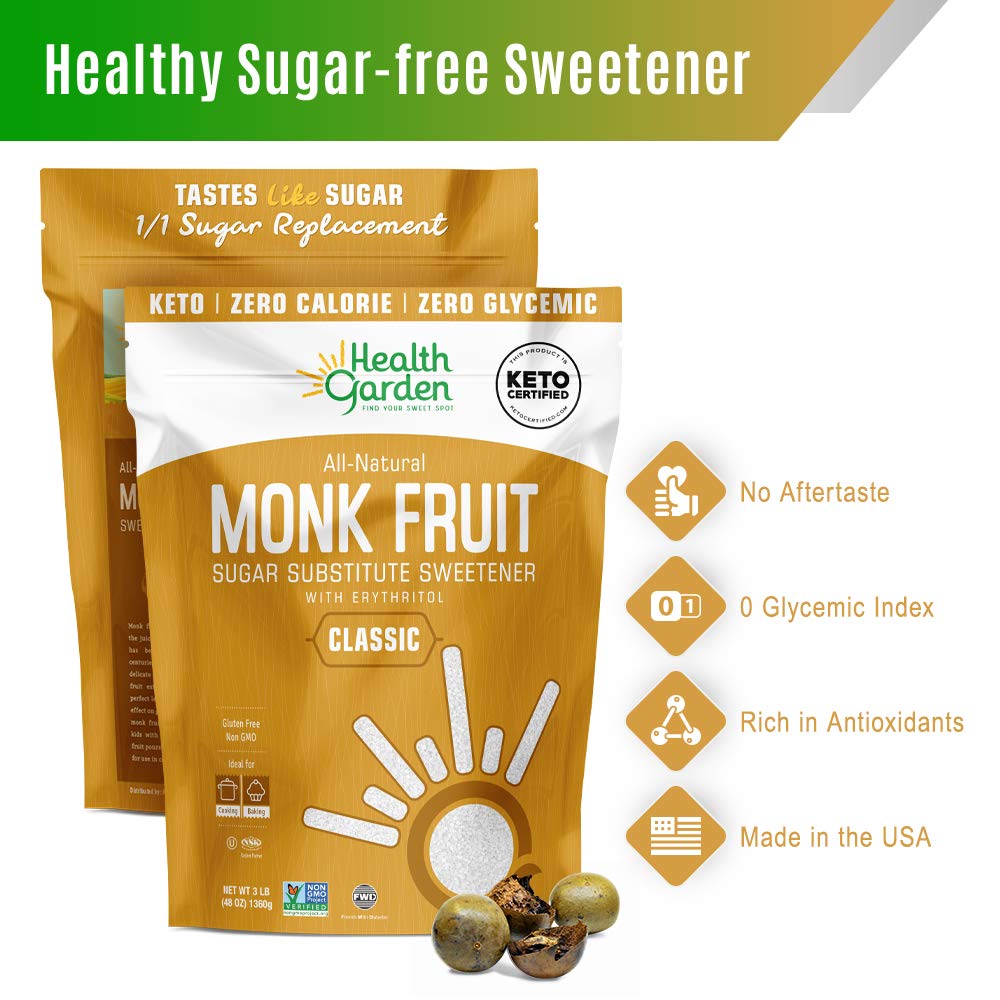 Health Garden Monk Fruit Sweetener, Classic - Non GMO - Gluten Free - Sugar Substitute - Kosher - Keto Friendly (3 lbs)