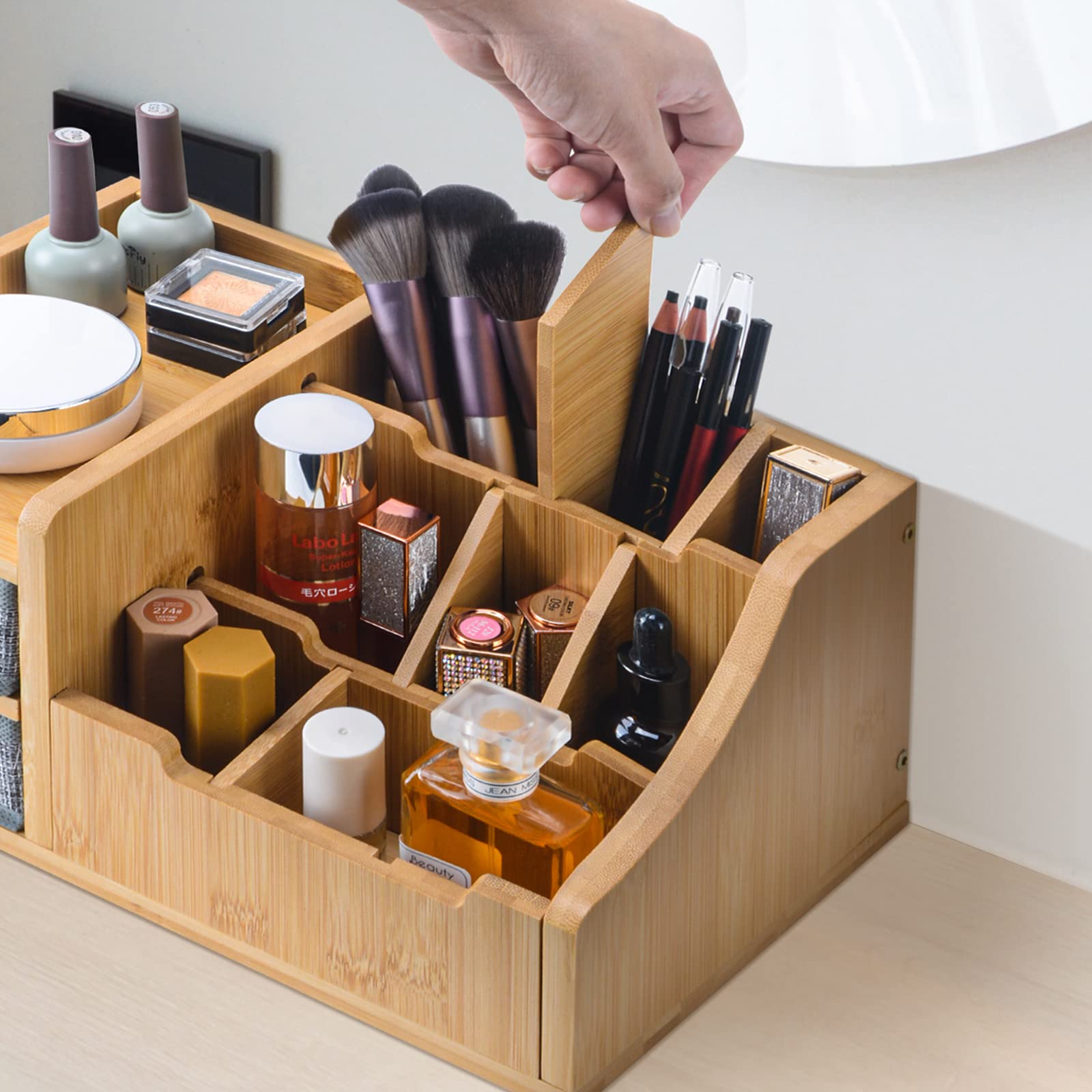 ikkle Bamboo Desk Makeup Organizer Cosmetic Organizer Storage Box with Drawer for Bathroom/Dresser, 9 Detachable Slots for Brushes, Lipstick, Great Organizer for Home or Office (Need to assemble)