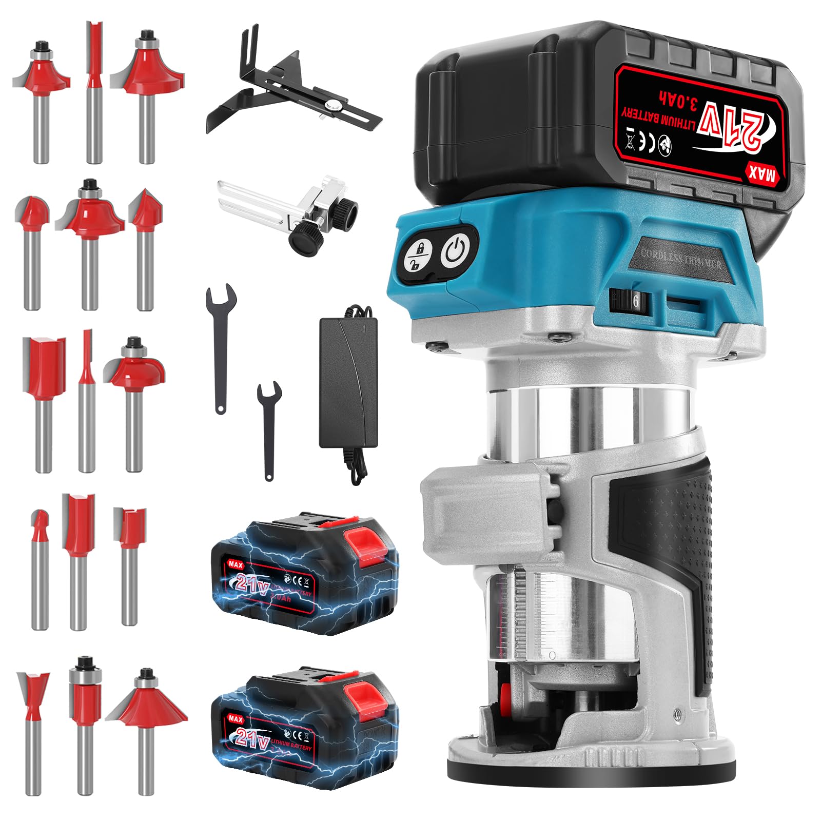 iklestar Cordless Compact Wood Router, 21V Wood Router Tool With 2PCS Batteries Brushless Portable Handheld Palm Routers for Woodworking Electric Trimmer Wood Router with 15 PCS 1/4" Router Bits