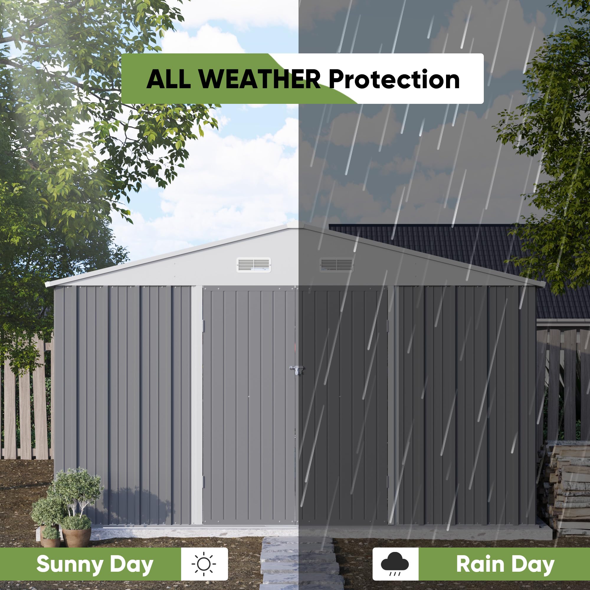 Patiowell 10' x 10' Metal Storage Shed for Outdoor, Steel Yard Shed with Design of Lockable Doors, Utility and Tool Storage for Garden, Backyard, Patio, Outside use, Grey