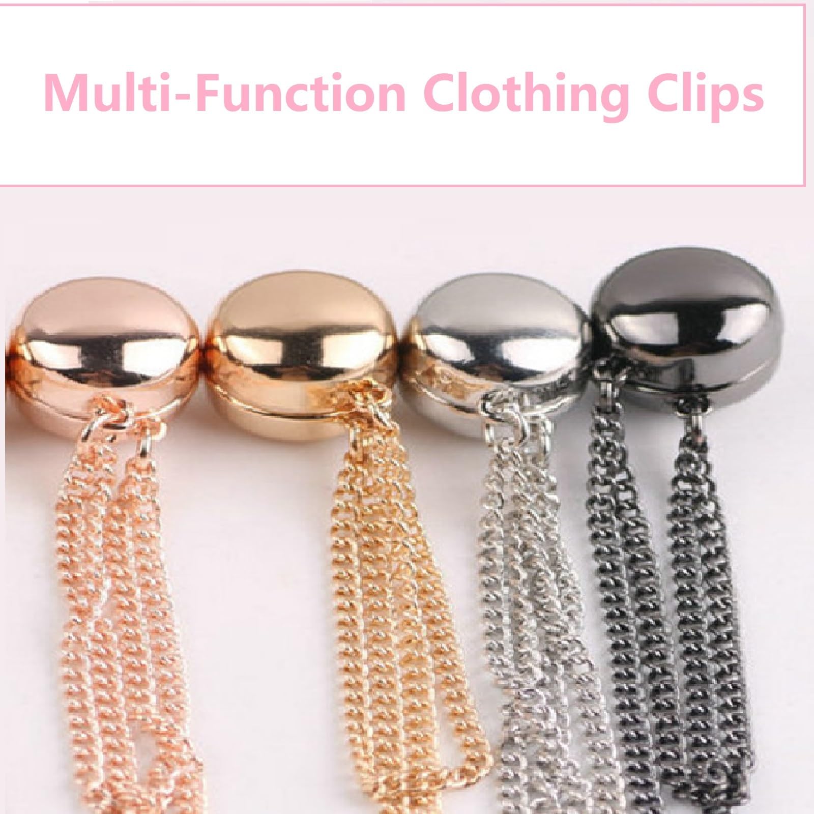 Multi-Function Magnetic Clothing Clips, 2024 New Magnetic Clothing Clips with Chain, Magnetic Strength Buttons Clips (4 PCS/2 Gold + 2 Gray)