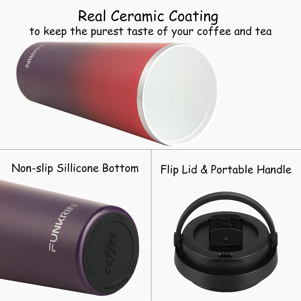 Funkrin Insulated Coffee Mug with Ceramic Coating, 22oz Iced Coffee Tumbler Cup with Flip Lid and Handle, Double Wall Vacuum Leak-Proof Thermos Mug for Travel Office School Party Camping